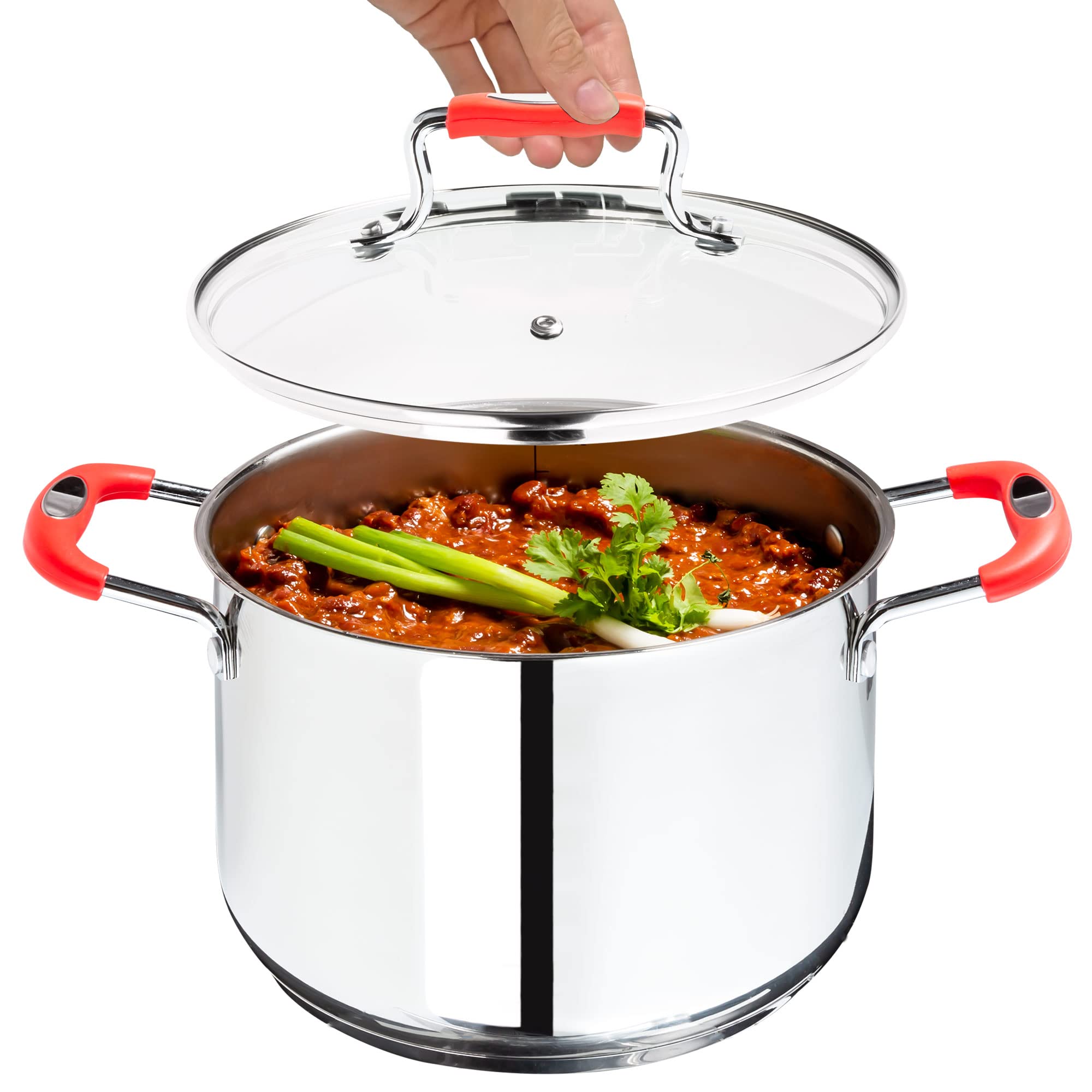 Millvado Stock Pot, 6 Quart Stainless Steel Pot, StockPot With Clear Glass Lid, Steam Hole, Permanent Measurement Markings, Gas, Electric and Induction Compatible Boiling Pot