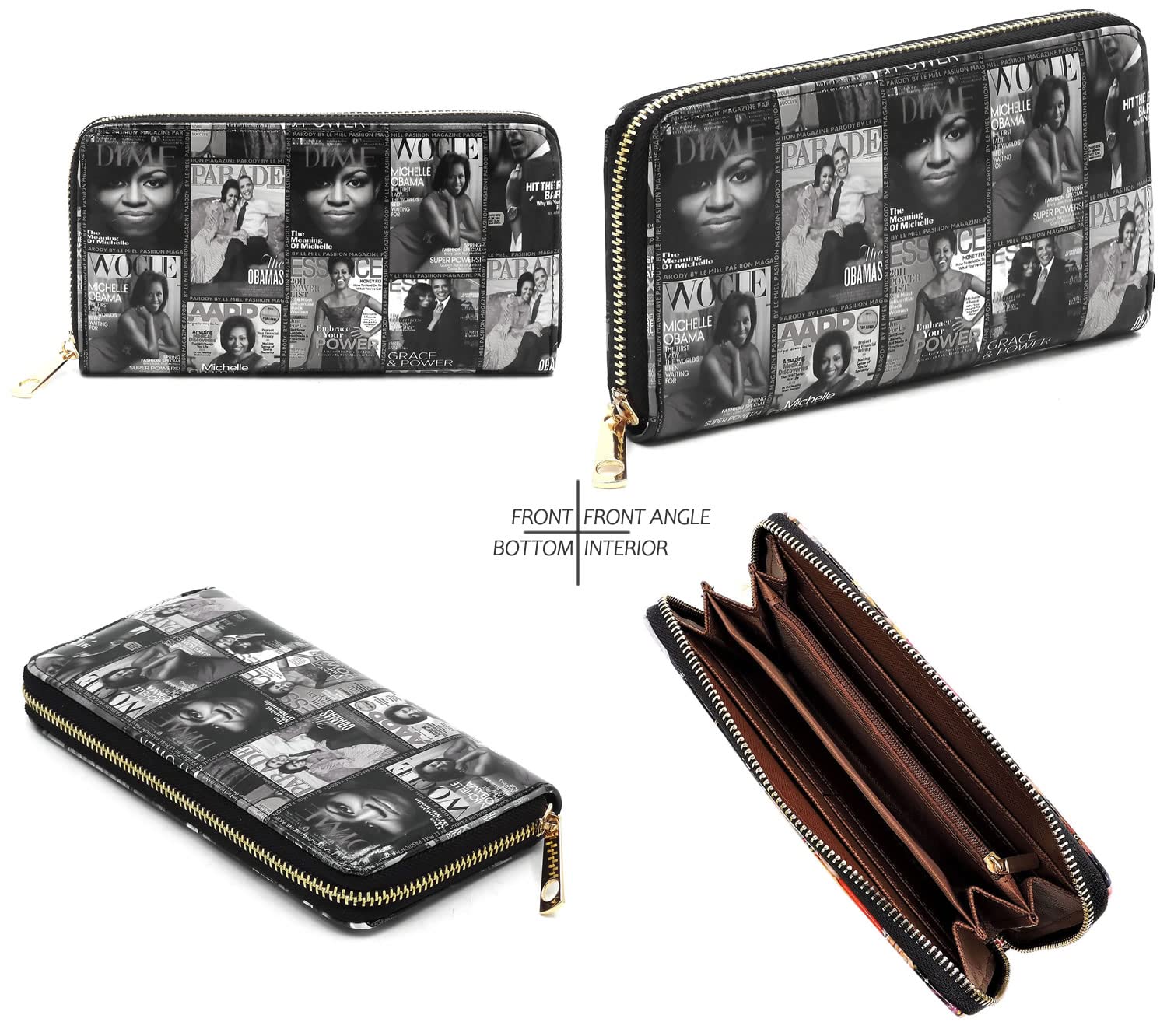 Michelle Obama Magazine Cover Collage Shoulder Bag Wallet Set 2pcs Set (Black/White)