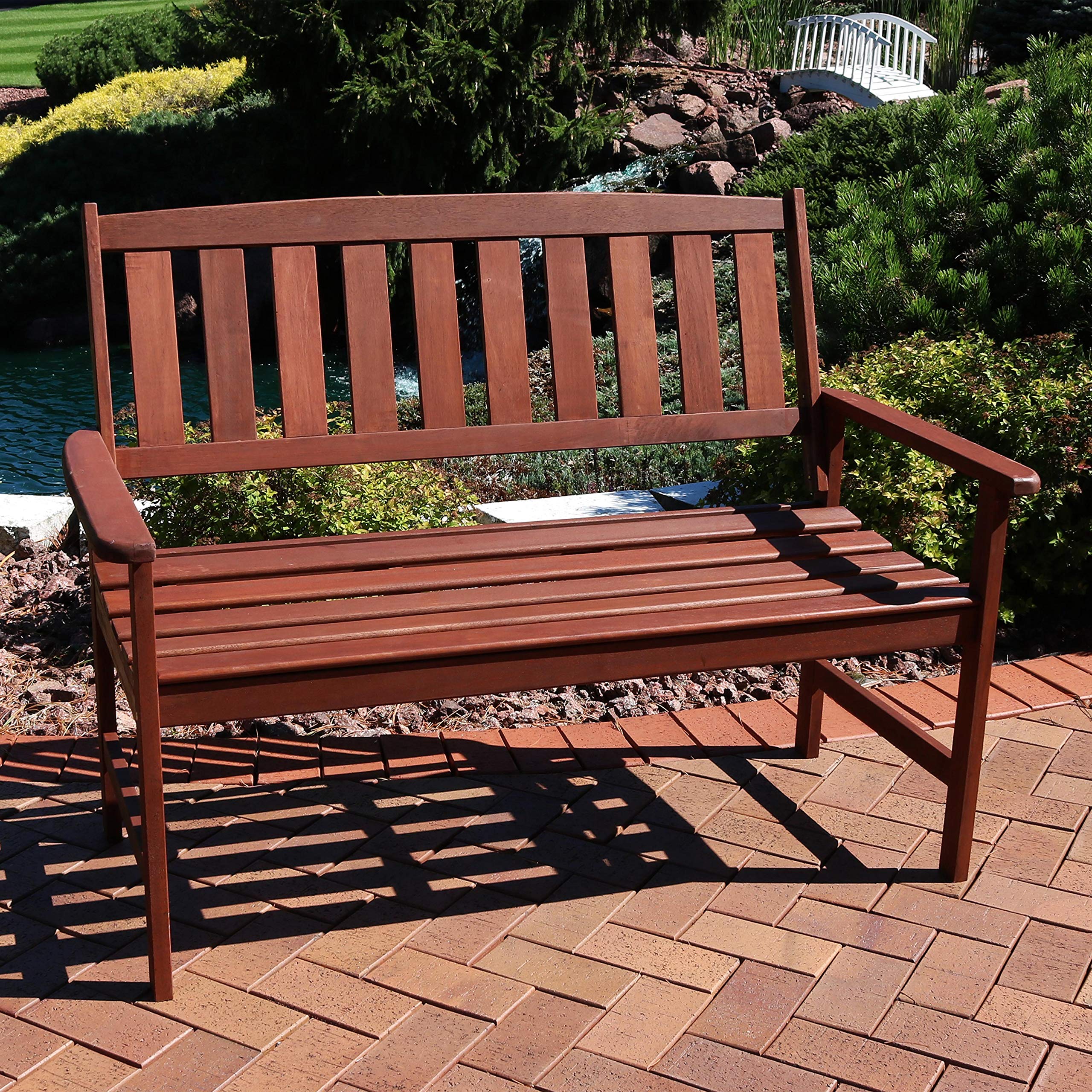 Sunnydaze Solid Meranti Wood 2-Seat Outdoor Garden Bench with Rustic Teak Oil Finish