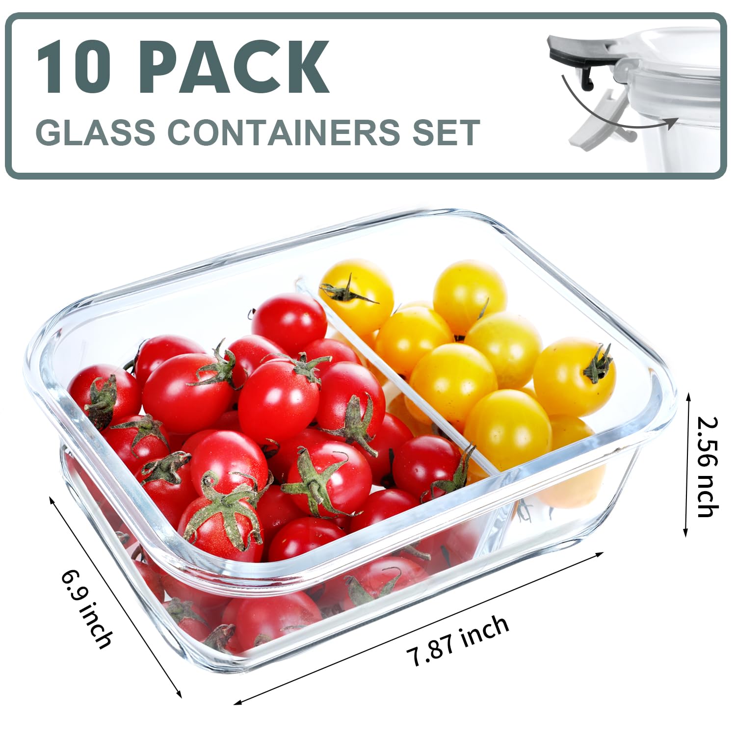 VERONES 10 Pack Glass Meal Prep Containers 2 Compartment Set, 30 OZ Airtight Glass Lunch Containers, Glass Food Storage Containers with Lids, for Microwave, Oven, Freezer & Dishwasher Friendly,Grey