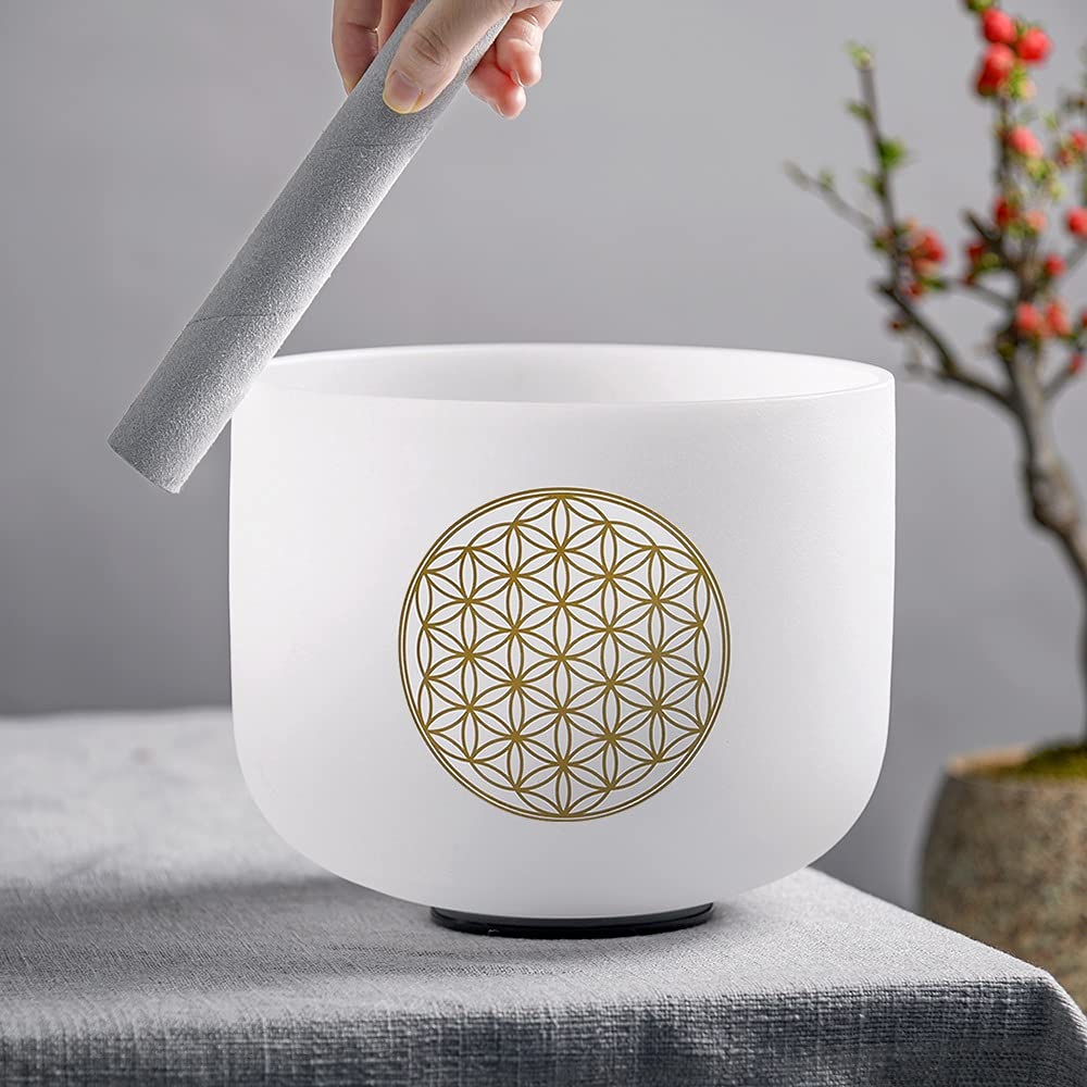 N/A 528Hz 8" C 5 Octave Chakra Frosted Quartz Crystal Singing Bowl with Flower of Life