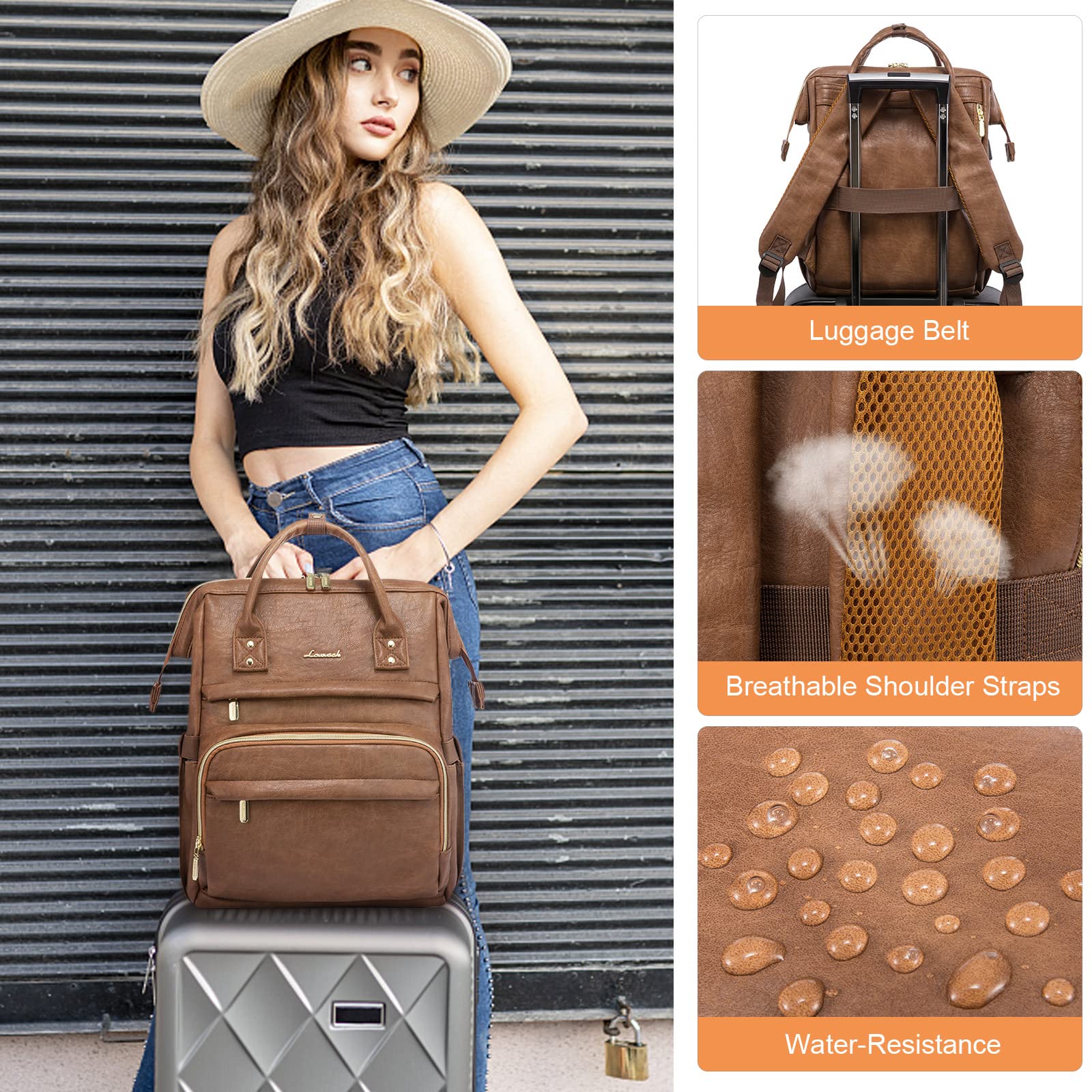 LOVEVOOK Women's Fashion Backpack Leather Bookbag Purse for Women Work Fits for 14 Inch Laptop,Brown