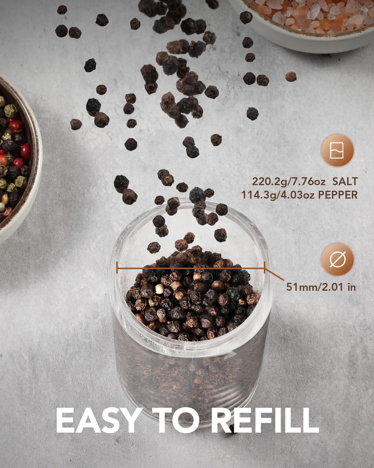 Sangcon Gravity Electric Salt and Pepper Grinder Set, Battery Salt and Pepper Mill Set with Dust Cover, 8 Oz Large Capacity Automatic Pepper Shaker with Light,Adjustable Coarseness, 2 Pack (Black)