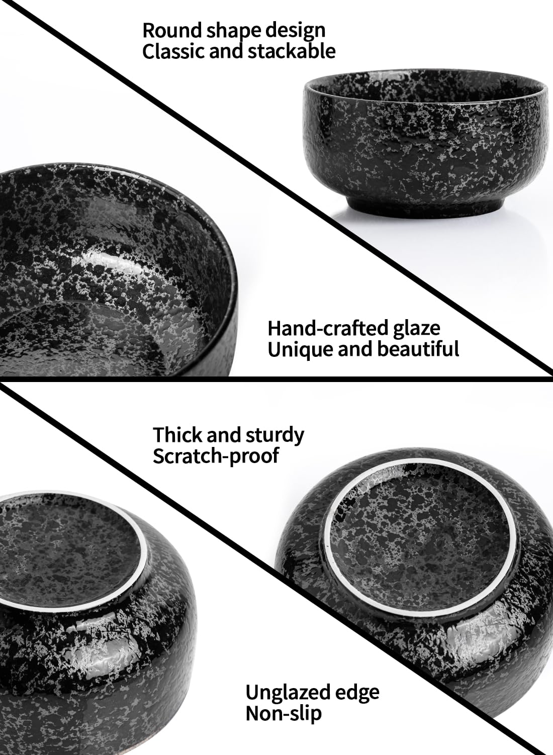 Kanwone Ceramic Bowls - 32 Ounce Bowl Set for Cereal, Salad, Noodle and Soup, Japanese Noodle Bowls - Set of 4, Black, Microwave and Dishwasher Safe