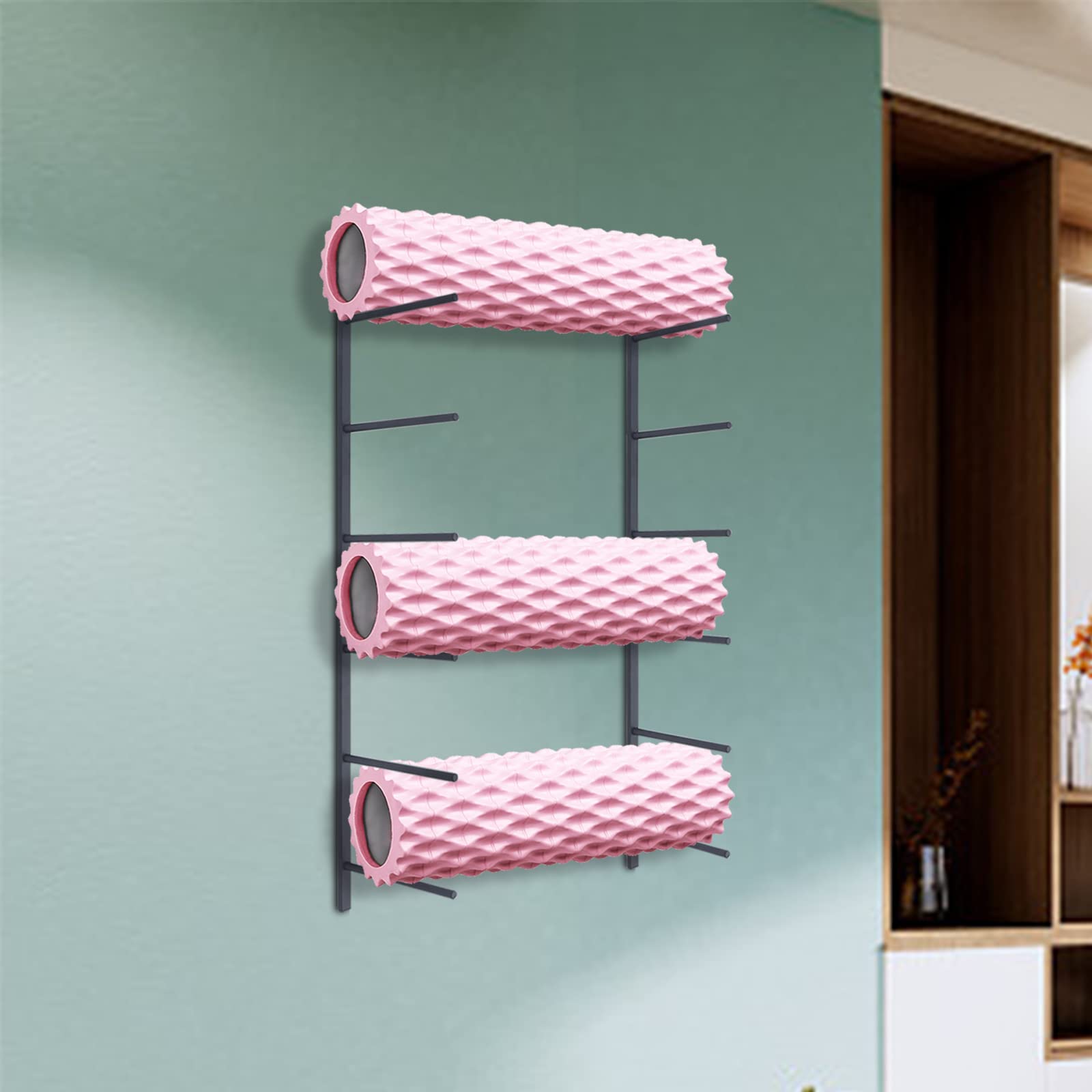 LOYALHEARTDY Multilayer Yoga Mat Storage Rack Wall Mounted Foam Roller Storage Rack Metal Large Capacity Mat Display Rack for Install Yoga Strap Yoga Accessories Resistance Bands