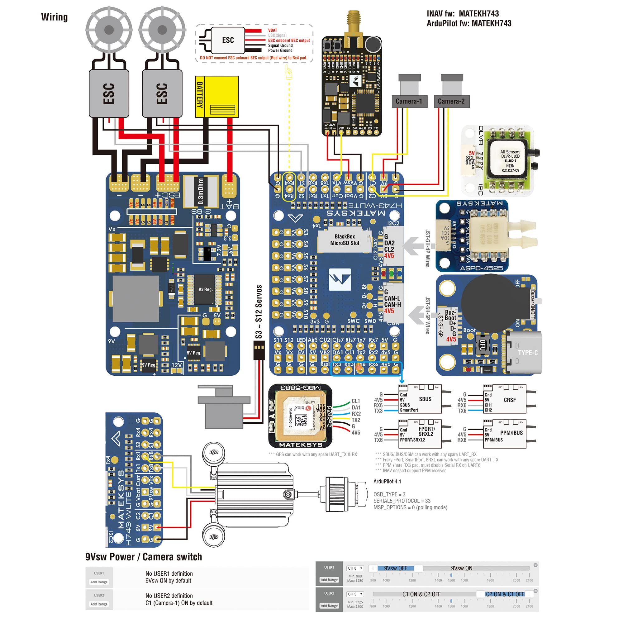 Mateksys Matek H743-WLITE Flight Controller STM32H743VIH6 ICM42688-P DPS310 OSD MicroSD Blackbox F765 wse Updated H743-WLITE