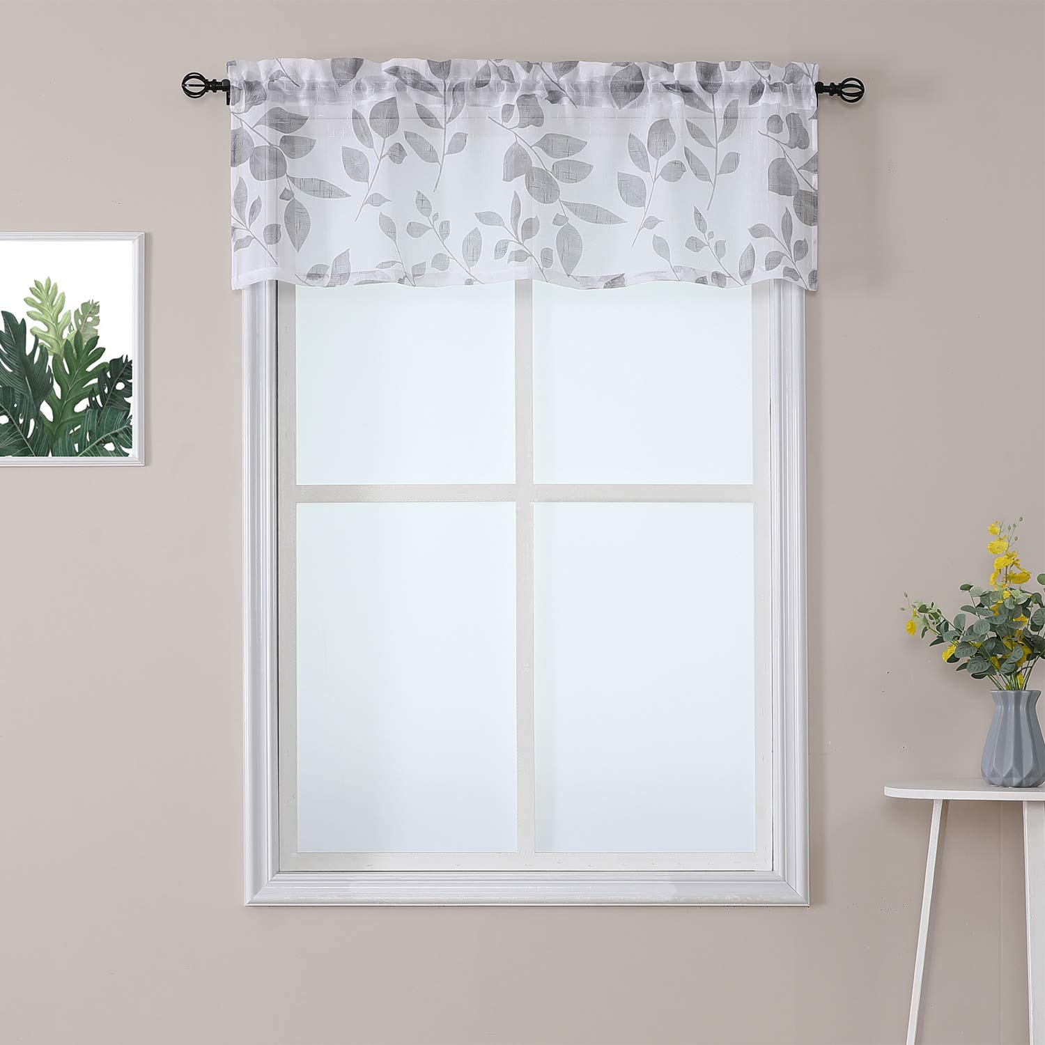 Haperlare Leaves Printed Kitchen Curtain Valance, Floral Leaf Pattern Sheer Valance Curtains for Kitchen Cafe Curtains Linen Textured Look Bathroom Window Curtains, 52" W x 15" L, Taupe, One Panel