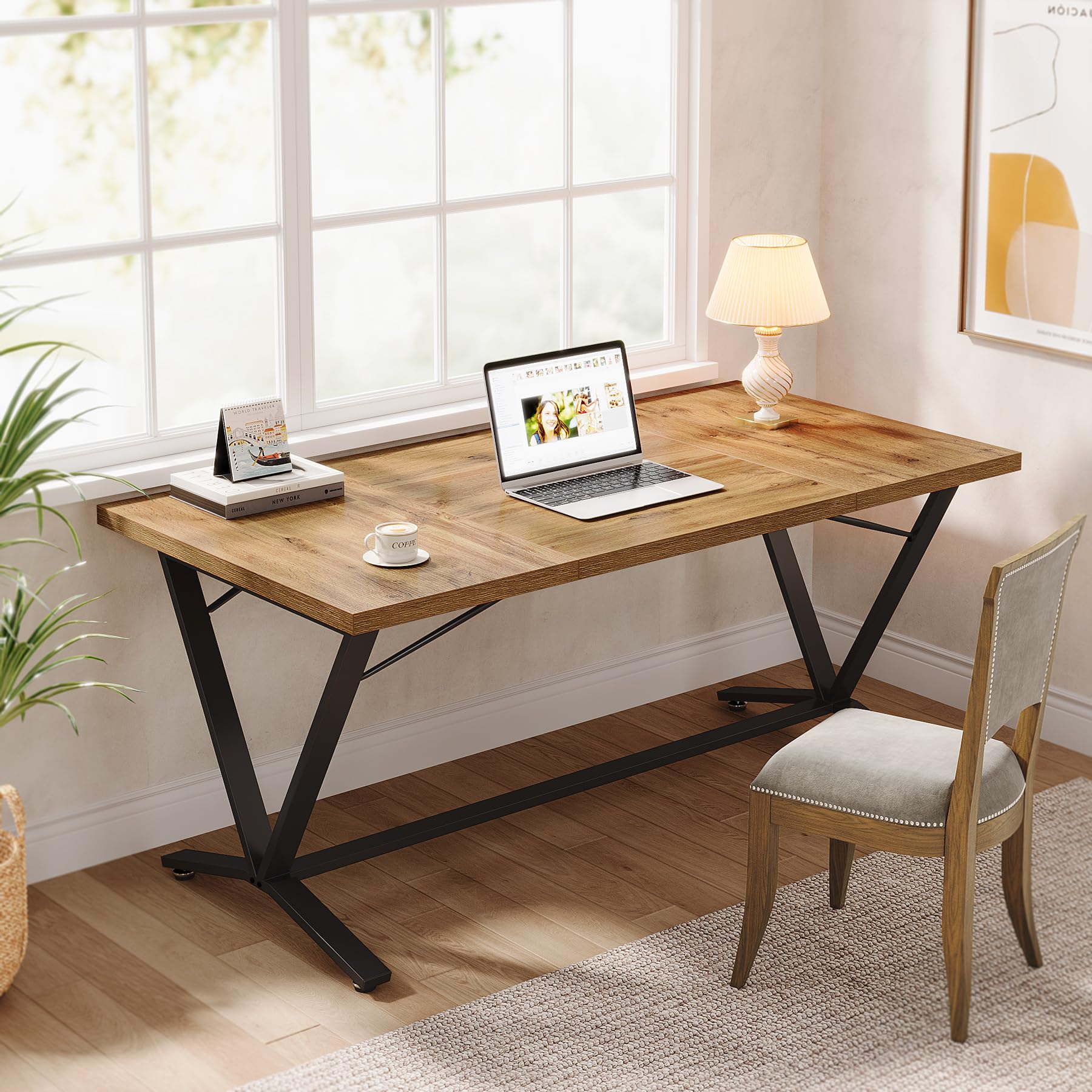 Tribesigns Simple Computer Desk, 55-Inch Modern Office Executive Desk with Thickened Tabletop and Metal Frame, Wood Study Writing Table Workstation for Home Office, Brown