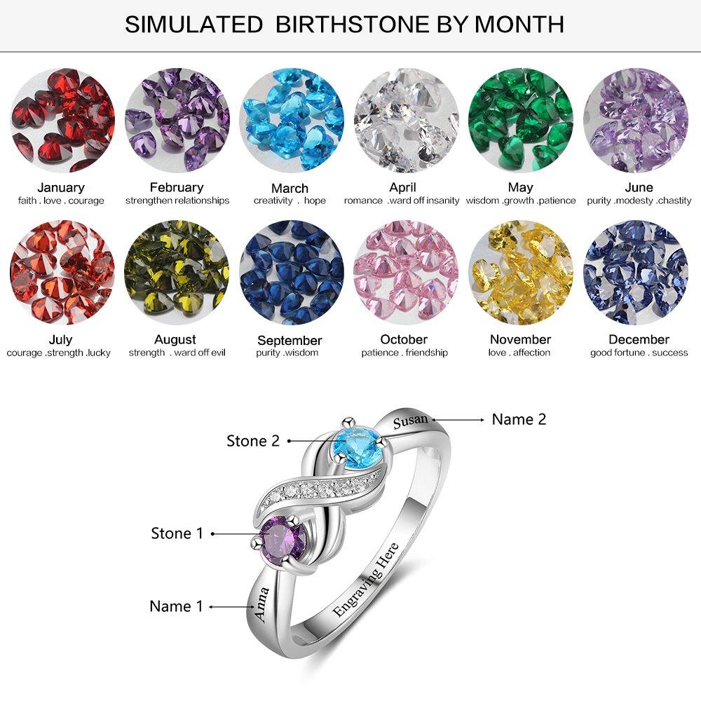 GLAMCARAT Sterling Silver Personalized ring 2 birthstones customized engraved jewelry for women infinity promise ring for her name ring (sterling-silver, 6)