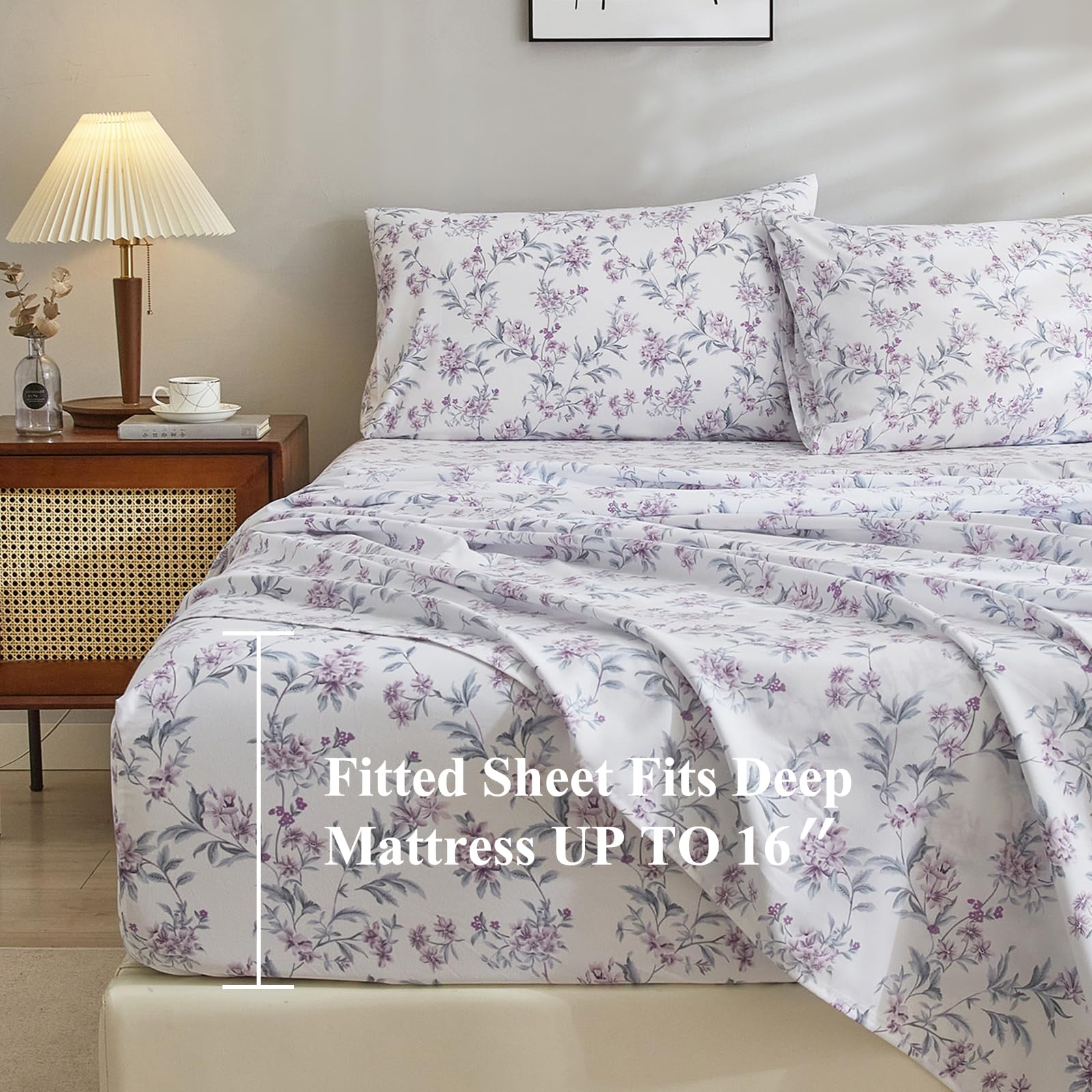VClife Modern Girl Floral Printed Sheets Cooling Soft Washed Microfiber Pink Green Floral Branches King Size Bed Sheets 16" Extra Deep Pocket Design Bedding Sets - Shrink Resistant, Skin-Friendly