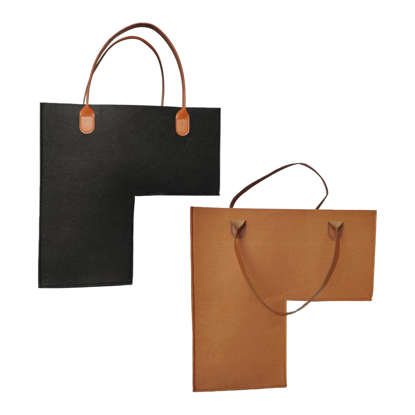 KLKCMS 2Pieces Stair Basket with Leather Handle for Carpeted Stairs, Staircase Basket for Wooden Stairs, Foldable Basket Organizer for Office, Black and Brown