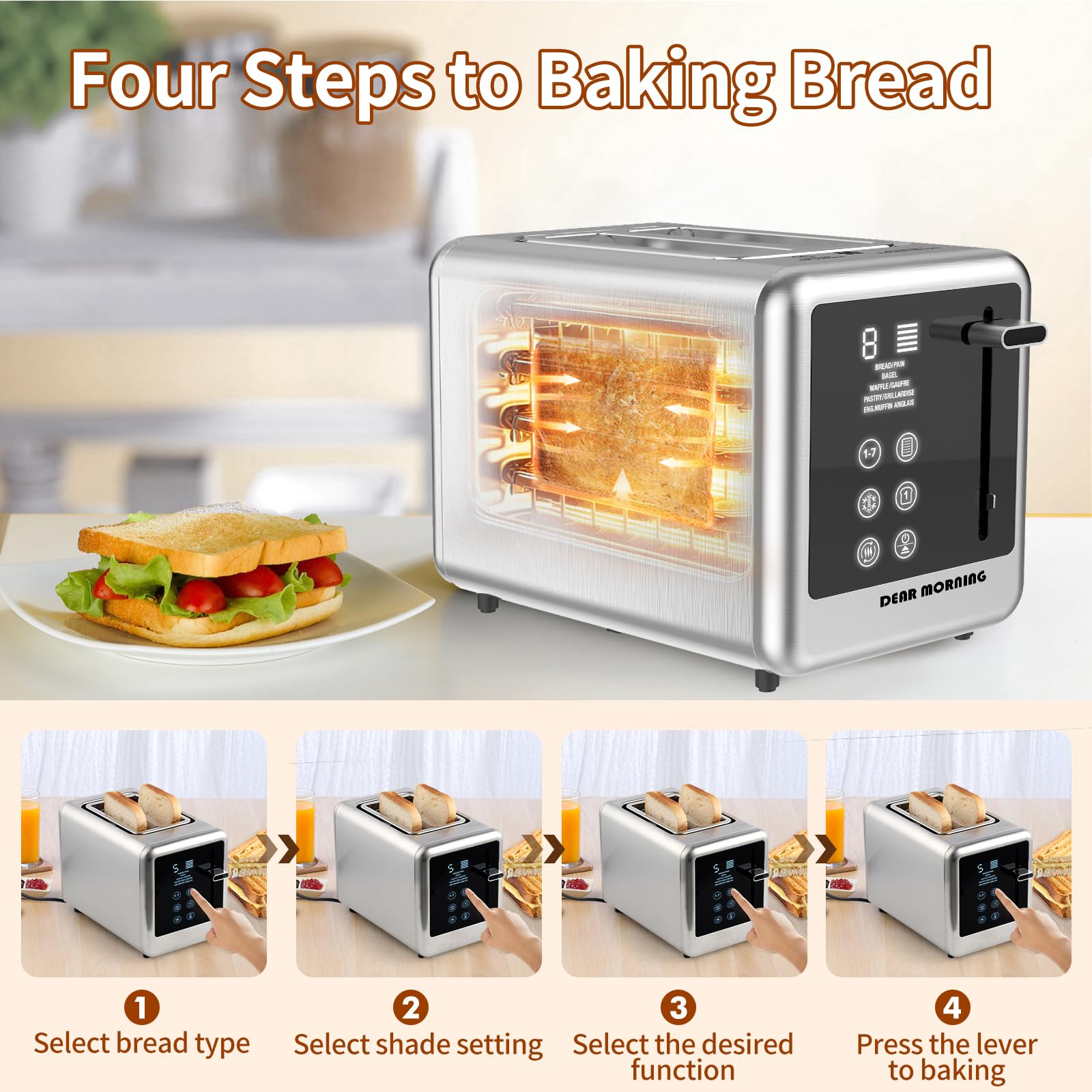 Smart Toaster Digital Tuch Screen Toaster with 5 Bread Selection 7 Shade Setting and Bagel/Defrost/Cancel/Reheat Function 1.5β 2 Slice Stainless Steel Toaster with Removable Crumb Tray