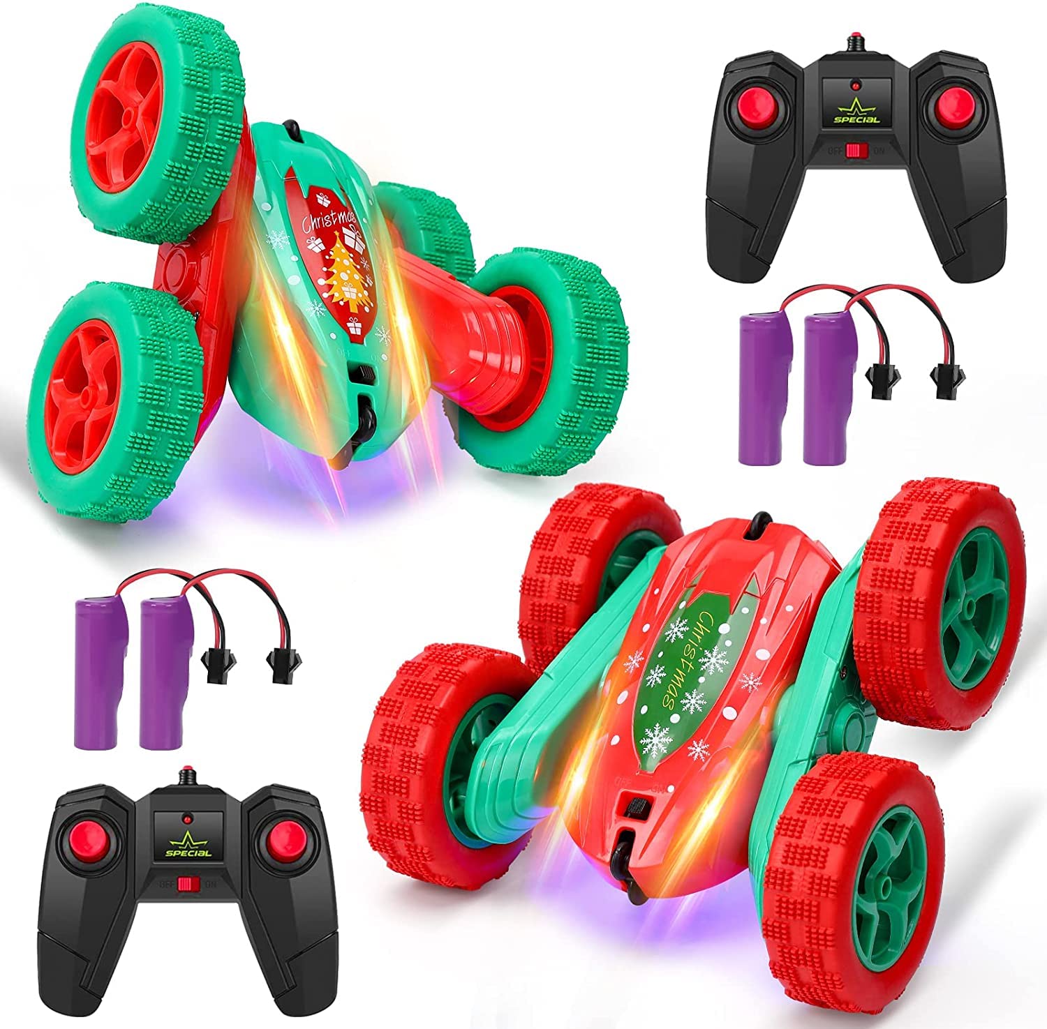 Lumiparty 2PACK Remote Control Car RC Stunt Car for Kids,2.4Ghz High Speed Rock Crawler Vehicle,360 Rotating 4WD Off Road Double Sided Rotating Tumbling with 4 Rechargeable Battery.