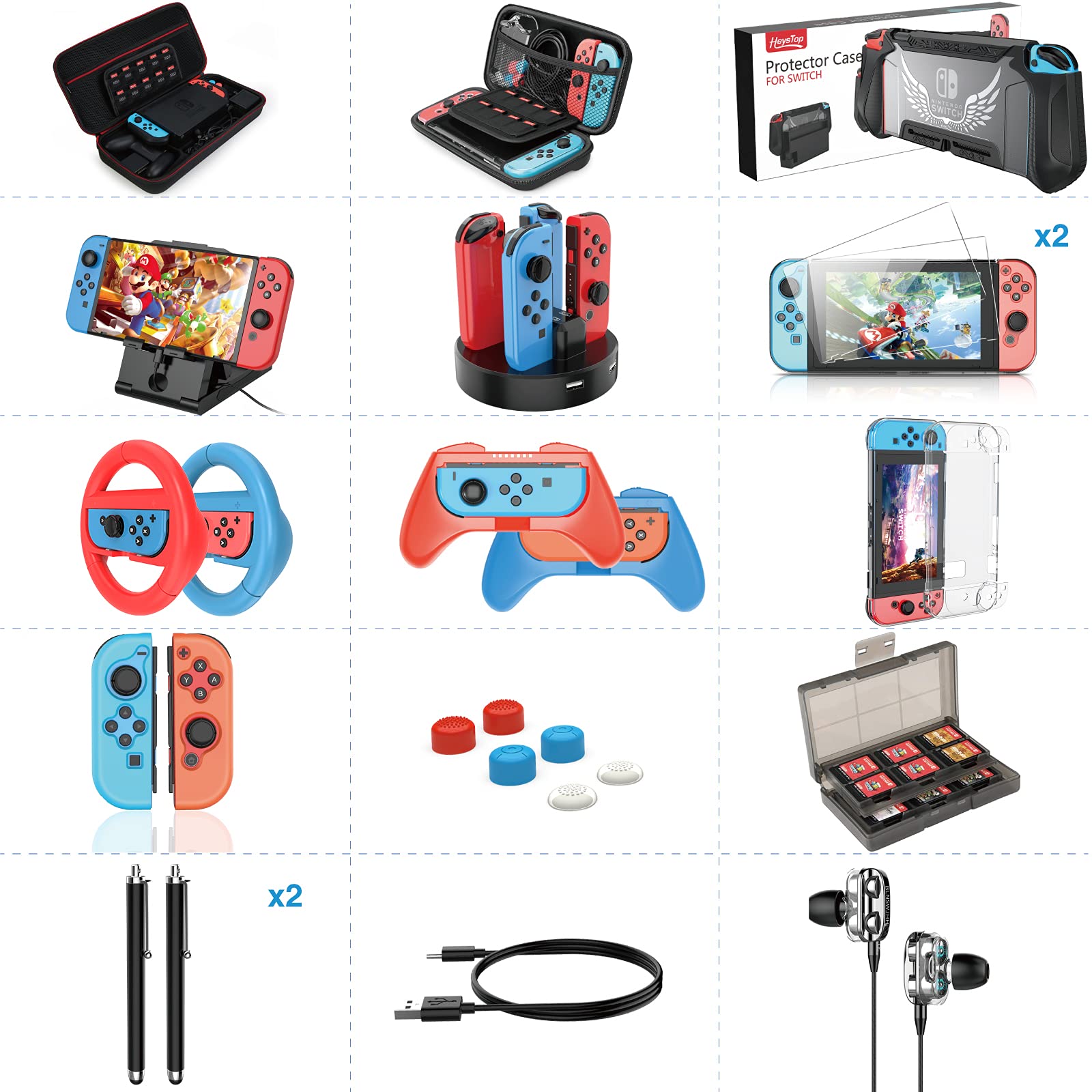 HEYSTOP Switch Accessories Bundle 25 in 1 Compatible with Nintendo Switch, Gift Kit for Switch Carrying Case, Dockable Protective Case, Screen Protector, Steering Wheel, PlayStand, Joycon Grip (Black)