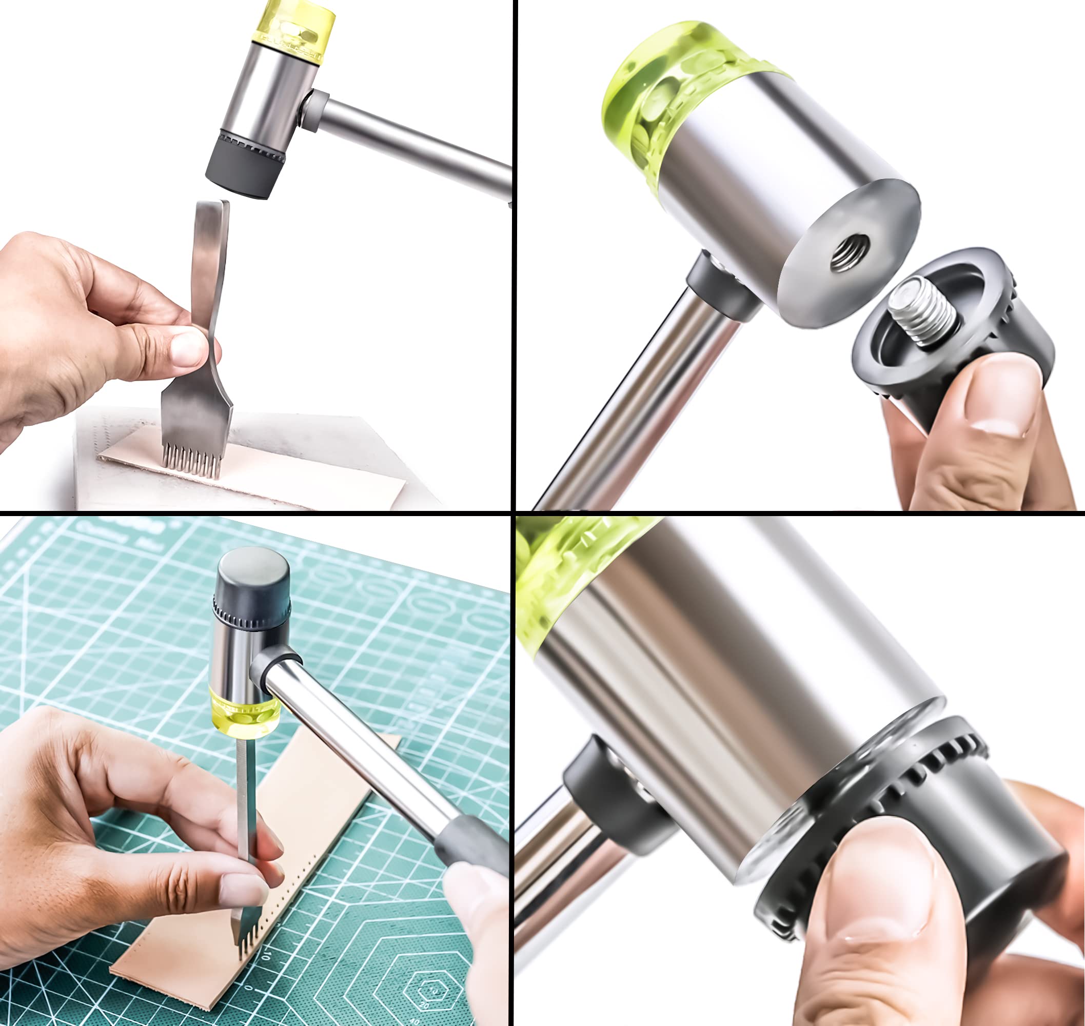 MotBach 2 Pack Double Head Plastic and Rubber Hammer, Double-Faced Soft Hammer(25mm and 35mm) with 4 Pcs Replacement Head(25mm and 35mm) for Jewelry, Leather Crafts, Wood, Flooring Installation