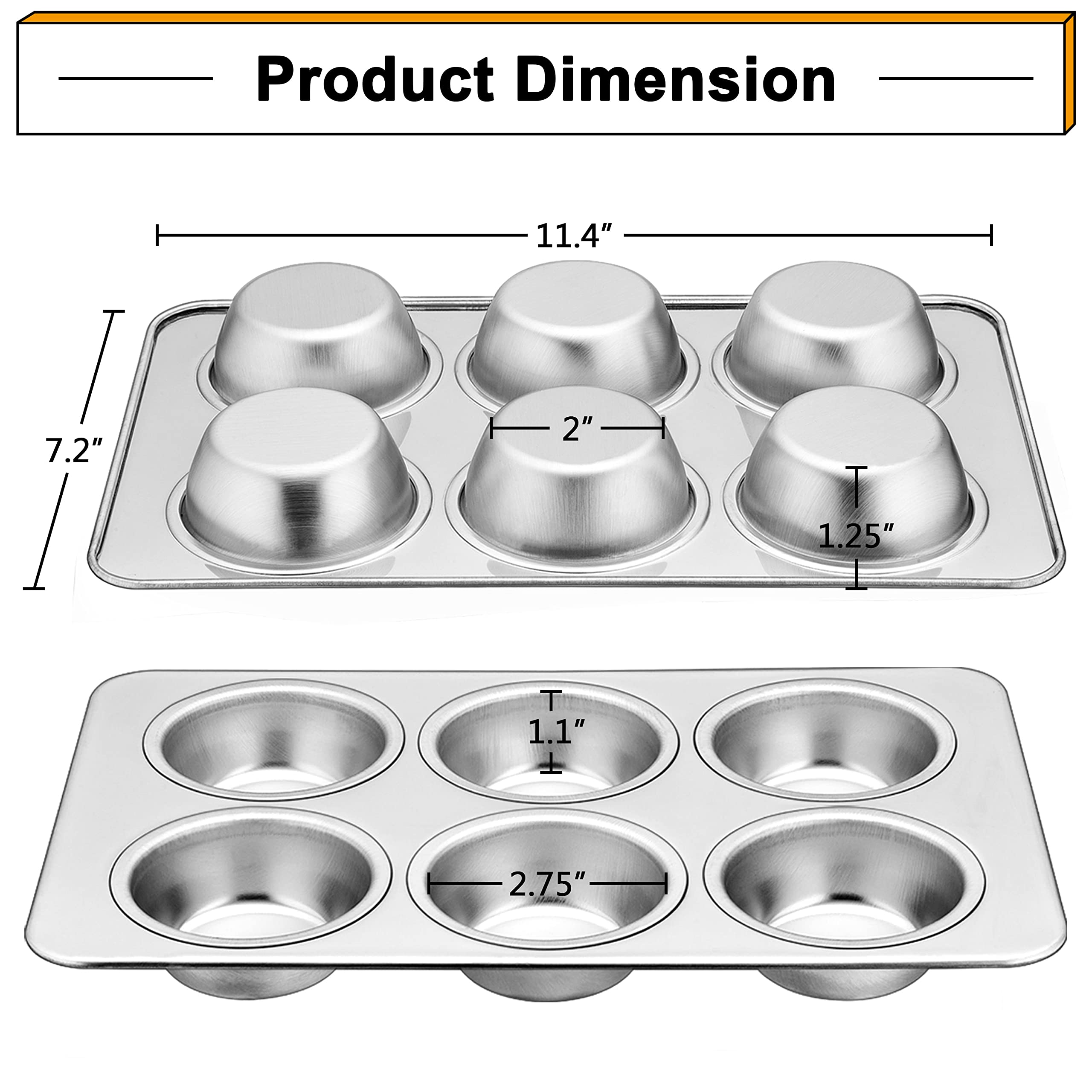 LIANYU Muffin Cupcake Pan Set of 2, Nonstick Muffin Pans Tin 6 Cups, Stainless Steel Dessert Muffin Top Pan Tray for Baking Oven, & Dishwasher Safe