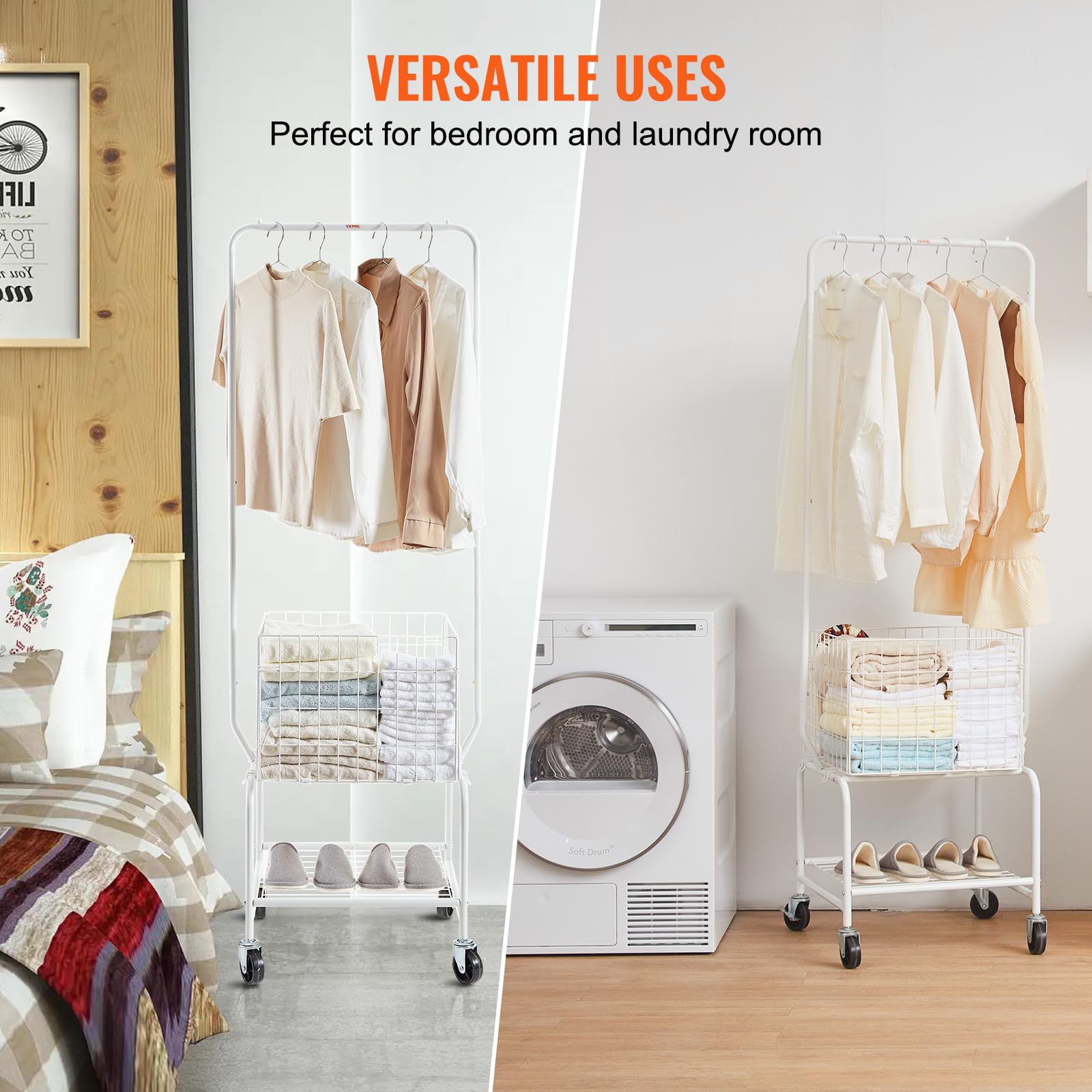 VEVOR Metal Rolling Laundry Basket with Hanging Garment Rack, Laundry Hamper Cart Adjustable Height with Basket Load and Shelf Load, Storage Organizer with Heavy Duty Lockable Wheels, White