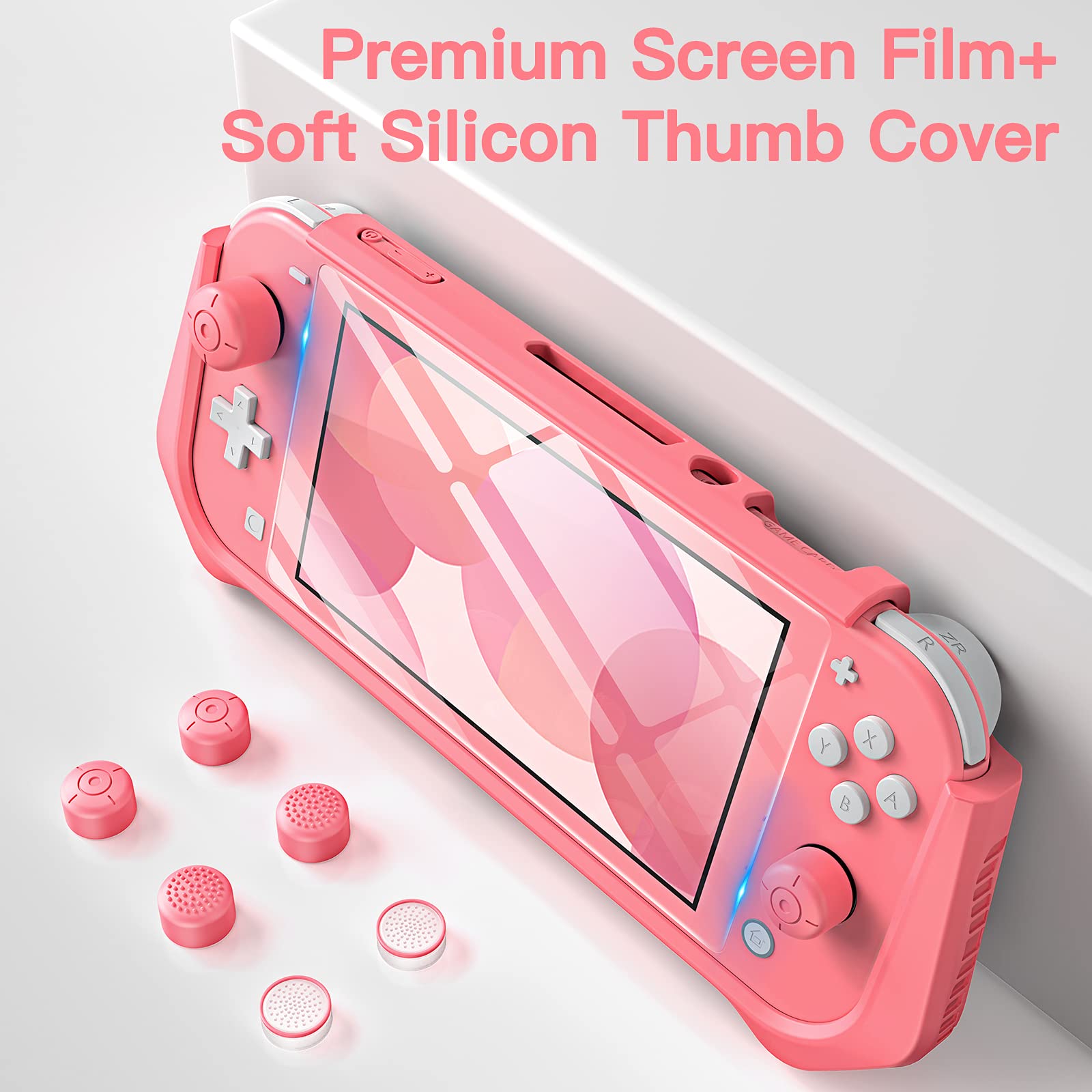 HEYSTOP Switch Lite Case Cover, Switch Lite Protective Case with Game Card Storage, Tempered Glass Screen Protector and Thumb Grip, Switch Lite Grip Case Anti-Scratch Non-Slip Case, Pink