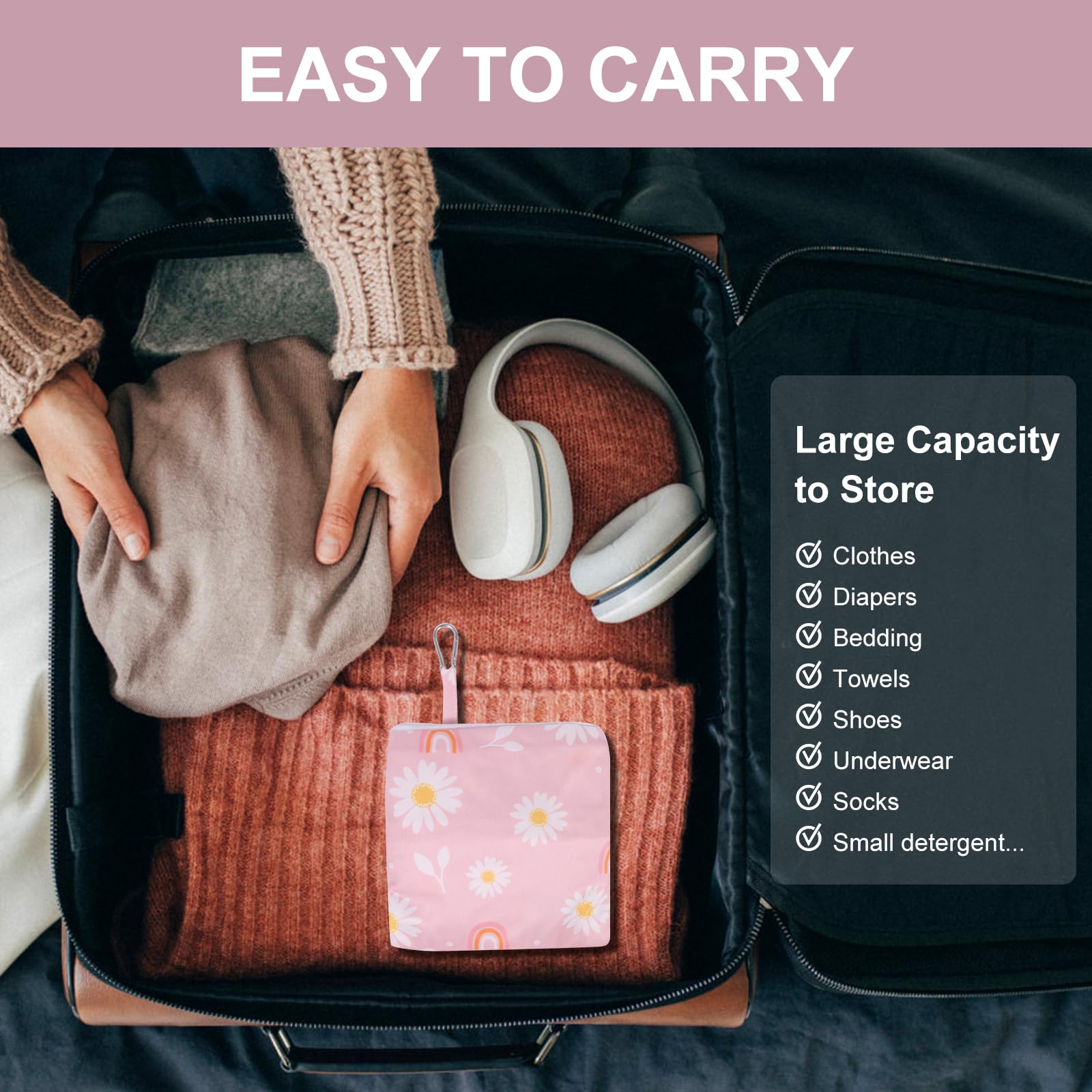 SANFERGE 2 Pack Travel Laundry Bag with Handle and Drawstring, Expandable Foldable Dirty Clothes Bags with Hook and Zipper, 23*20 inch, Cartoon 1 White + Pink