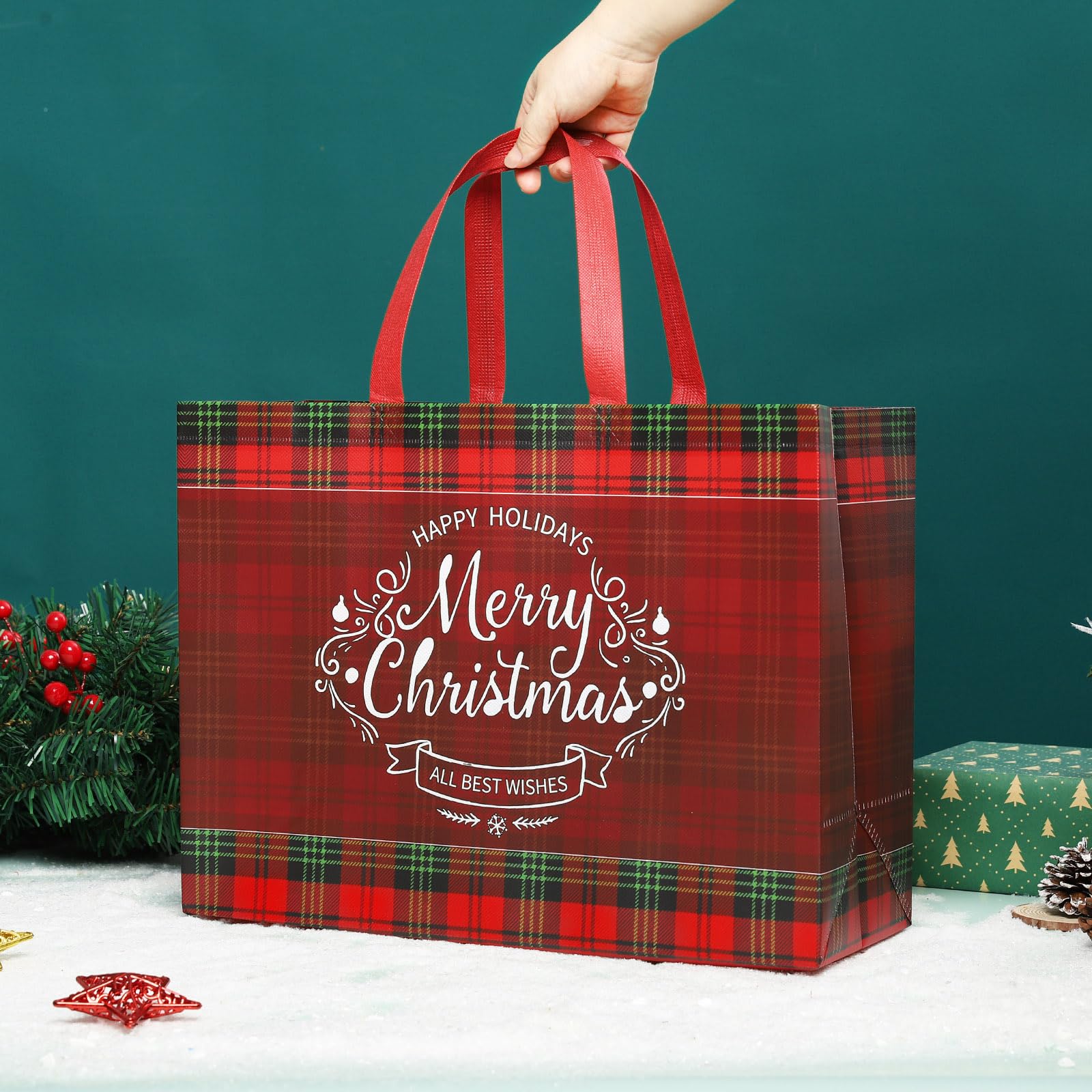 YANGTE Extra Large Christmas Gift Bags 12 Pack Extra Large Gift Bags Jumbo with Handle Reusable Non-Woven XL Xmas Presents Wrapping Holiday Bags Tote Size 16.7 * 6.9 * 12.6in