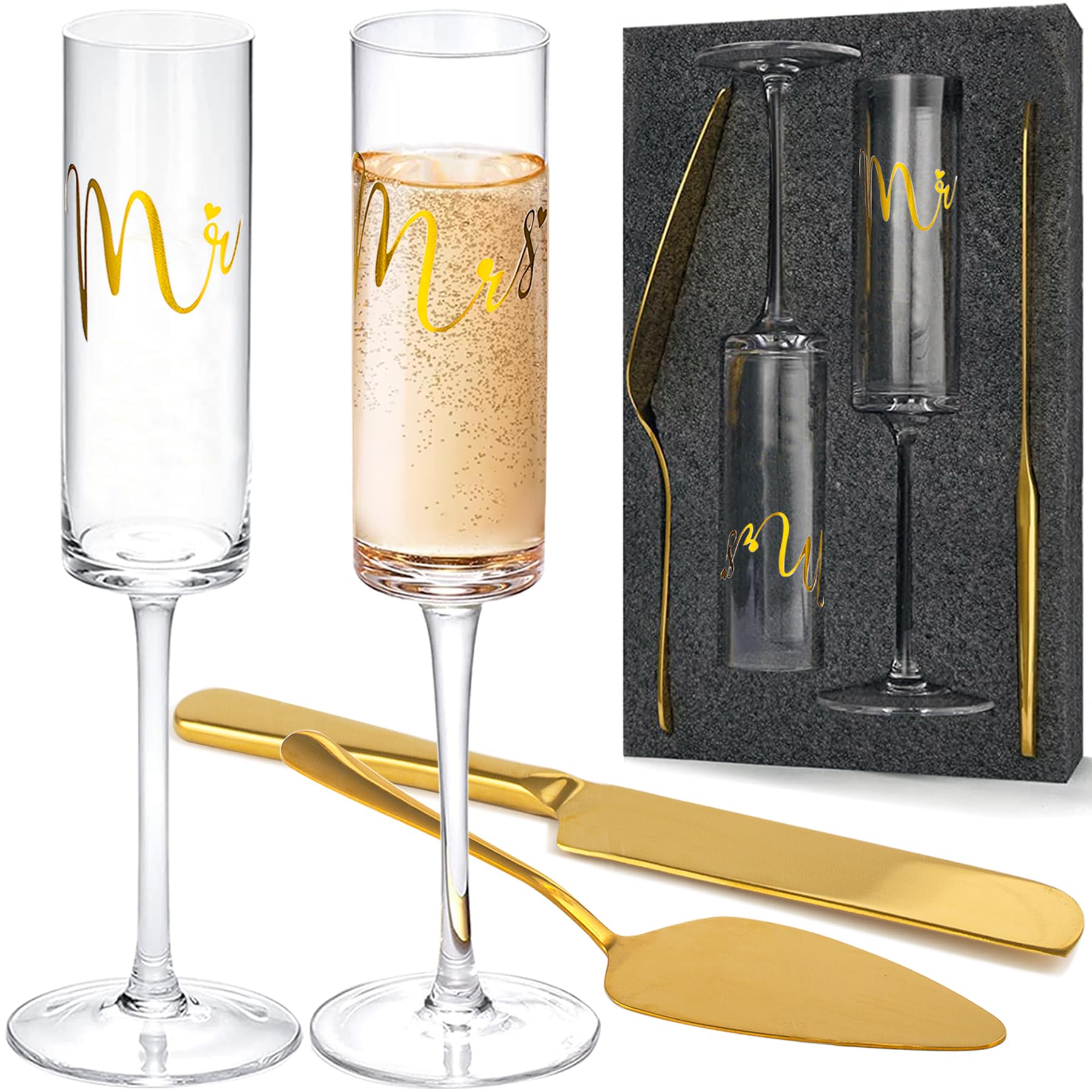 iooiluxry Wedding Cake Knife and Server Set, Mr and Mrs Champagne Flutes Wedding Glasses for Bride and Groom, Cake Cutting Set for Wedding Bridal Shower Gifts