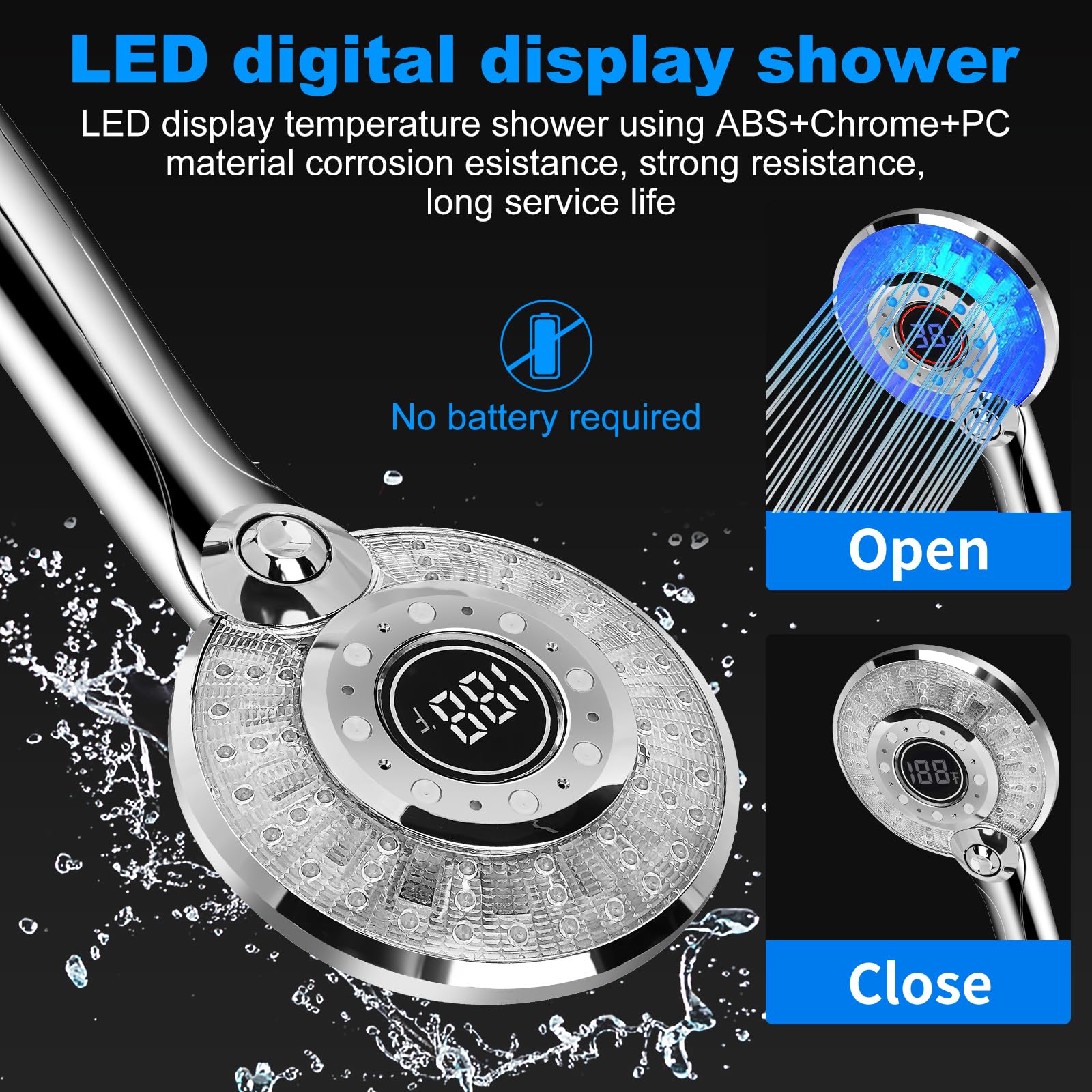 LED Shower Head Color Changing, Handheld Shower Head High Pressure with Hose, Water Saving Spray Showerheads, Discoloration Warning, Water Temperature Display, 3 Spray Modes, Easy to Install, Chrome