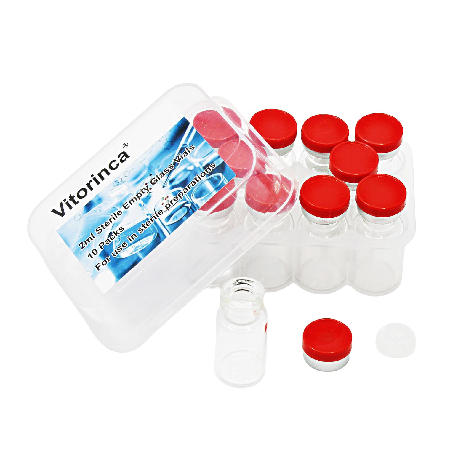 Vitorinca 2ml Sterile Glass Vials, 10 Packs-2ml Sterile Empty Vial with Self-Healing Injection Port and Flip Top Cap, Sterile Package, for use in sterile preparations and Laboratory Study