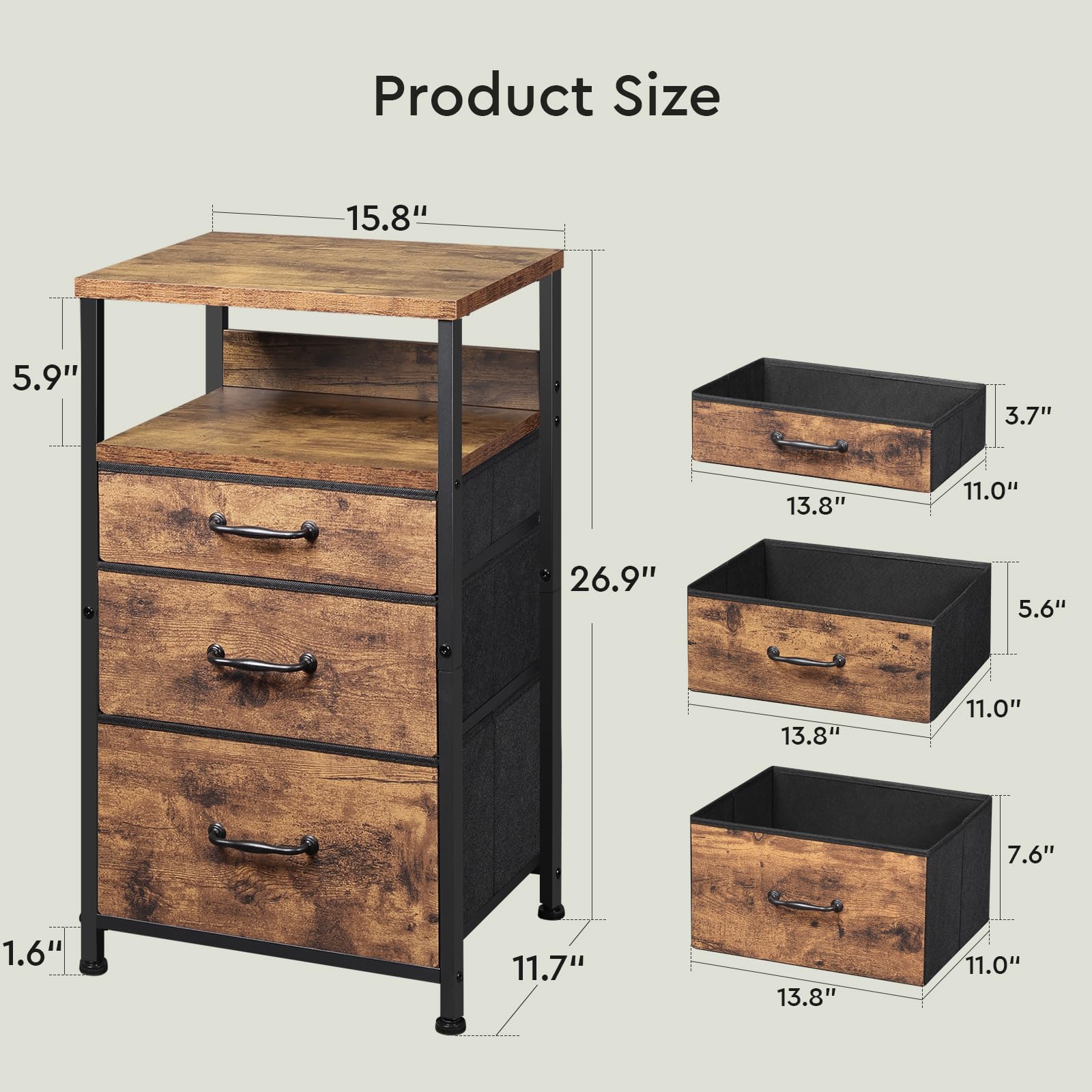 YeTom Nightstand, Bedside Table with 3 Fabric Drawers, Side Table with Open Shelf, End Table with Steel Frame,3 Drawer Dresser for Bedroom, Entryway, College Dorm, Easy Assembly,Brown