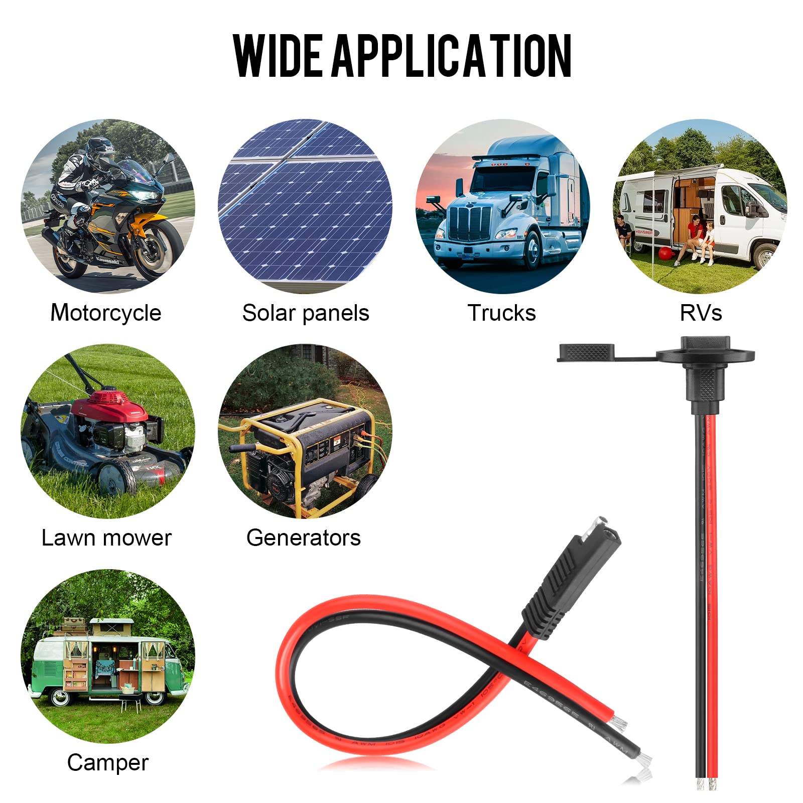 PAEKQ 10AWG Weatherproof Solar SAE Power Socket Sidewall Port SAE Quick Connector Harness Plug and SAE Connector Extension Cable for Solar Panel RVs Motorcycle Generator Battery Charger(1FT)