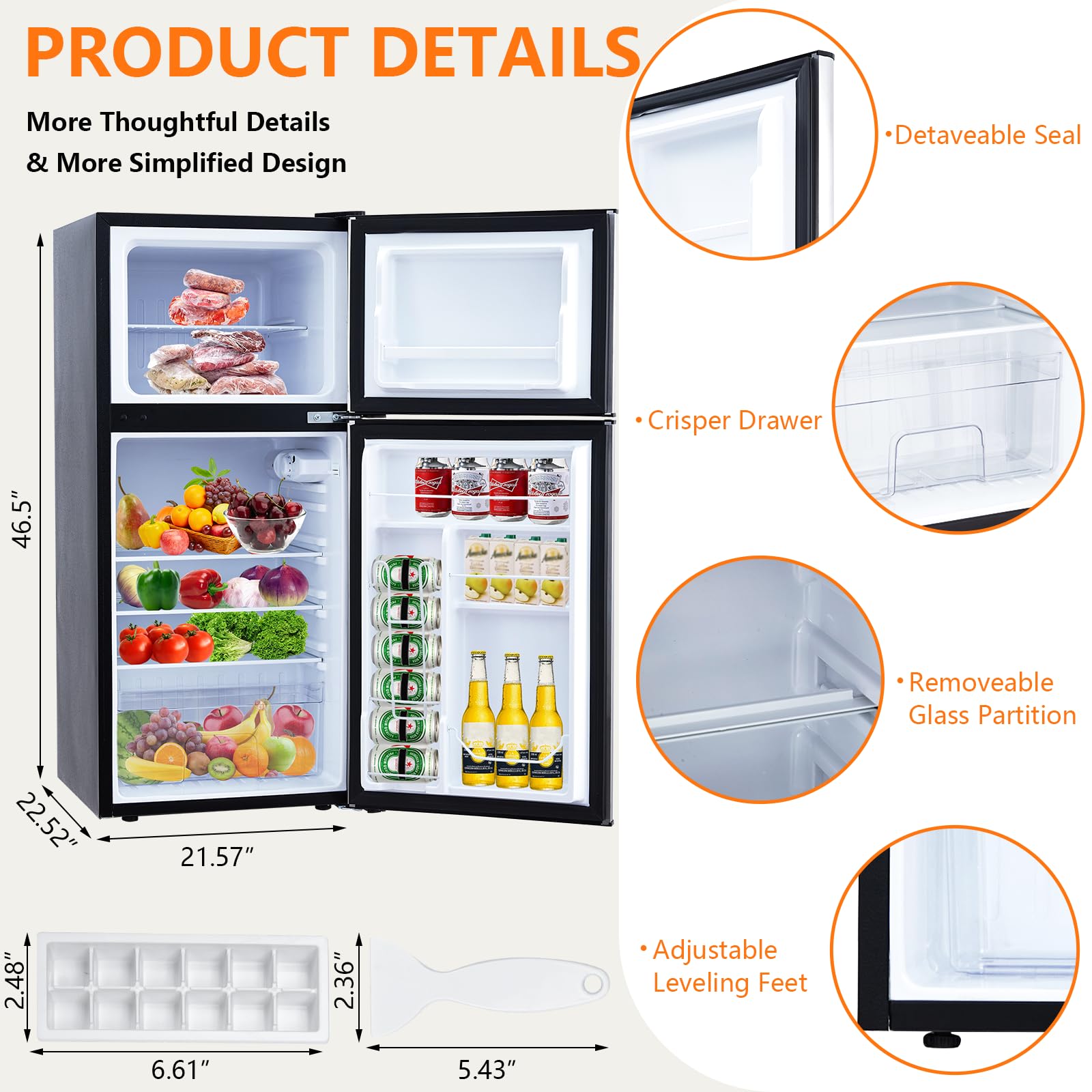 Zstar 4.5 Cu.Ft Mini Fridge with Freezer Freestanding, Energy-efficient Compact Refrigerator for Bedroom Office Dorm, 5 level Adjustable Thermostat, Stainless Steel 2 Doors, Crisper Drawer, 128L