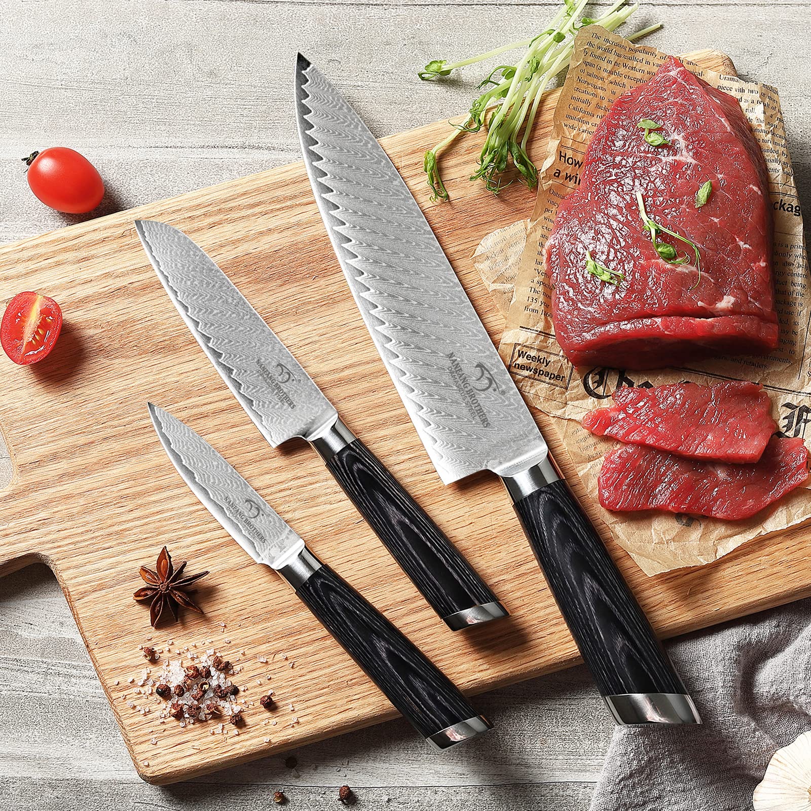 NANFANG BROTHERS Damascus Knife Set 4 PCS, Japanese Knife Set, Chefs Knife Sets Professional, Kitchen Knife Set, 8" Chef Knife, 5" Santoku Knife, 3.5" Paring Knife and Sharpener