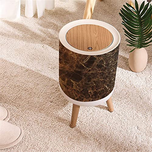 Small Trash Can Textured Dark Brown Marble Stone with White Spots Recycle Bins with Press Top Lid Dog Proof Wastebasket for Kitchen Bathroom Bedroom Office 7L/1.8 Gallon