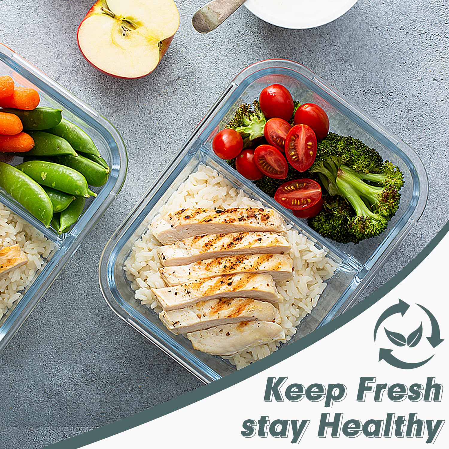 VERONES 10 Pack Glass Meal Prep Containers 2 Compartment Set, 30 OZ Airtight Glass Lunch Containers, Glass Food Storage Containers with Lids, for Microwave, Oven, Freezer & Dishwasher Friendly,Grey