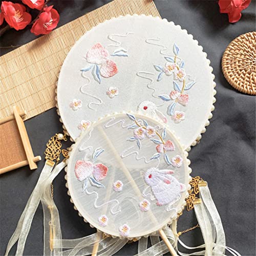 Lmtossey Vintage Round Fan Long Handle Tassel Dancing Hanfu Circular Fan Ancient Chinese Style Classical Printed Court Round Fan Wedding