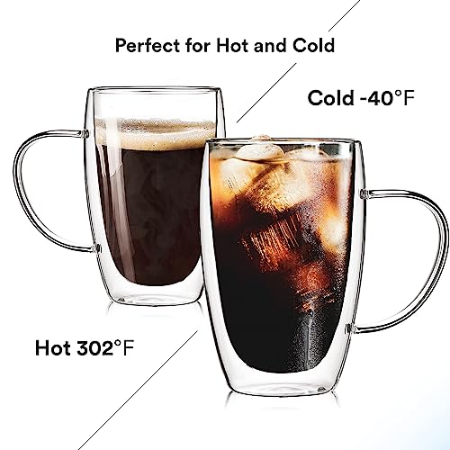 MARKABLE Interiorsbydebbi Selected Double Wall Glass Coffee Mug, 15.2 Ounces-Clear Glass Coffee Cup with Handle, Insulated Coffee Glass, Cappuccino Cup, Tea Cup, Latte Cup, Beverage Glass