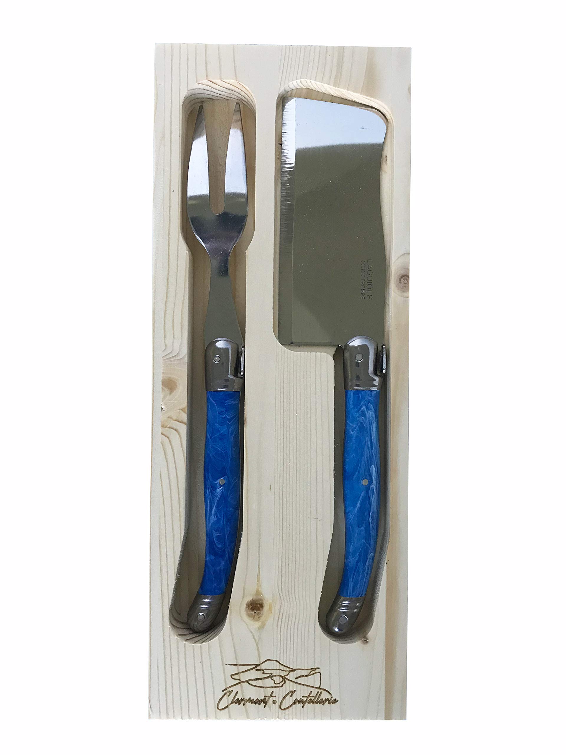 Laguiole Premium Dishwasher Safe Stainless Steel 2-Piece Cheese Set, Marbled Blue Handle by Clermont Coutellerie