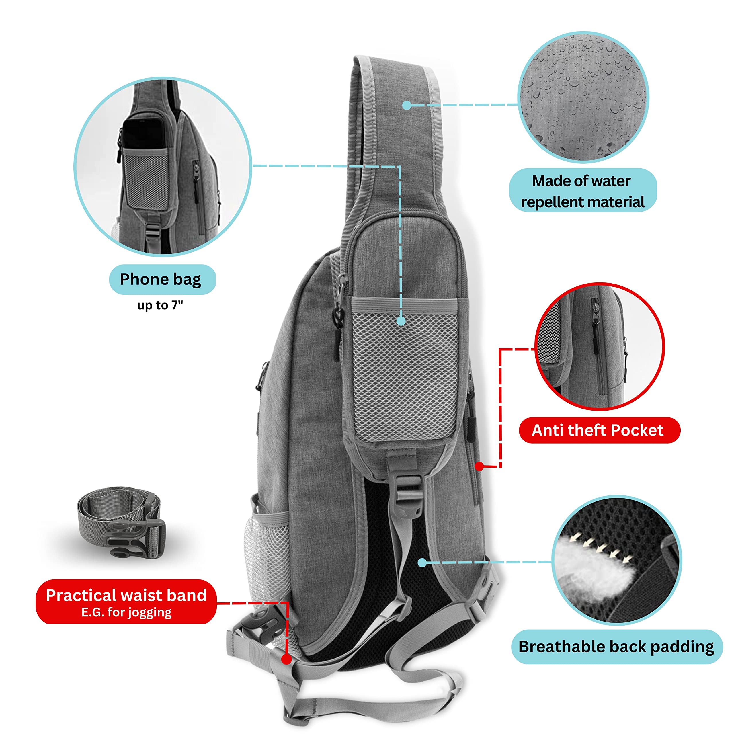 Kellyon Sling Bag Crossbody Sling Backpack Travel Hiking Casual Daypack Chest Bag for Men Women, Gray