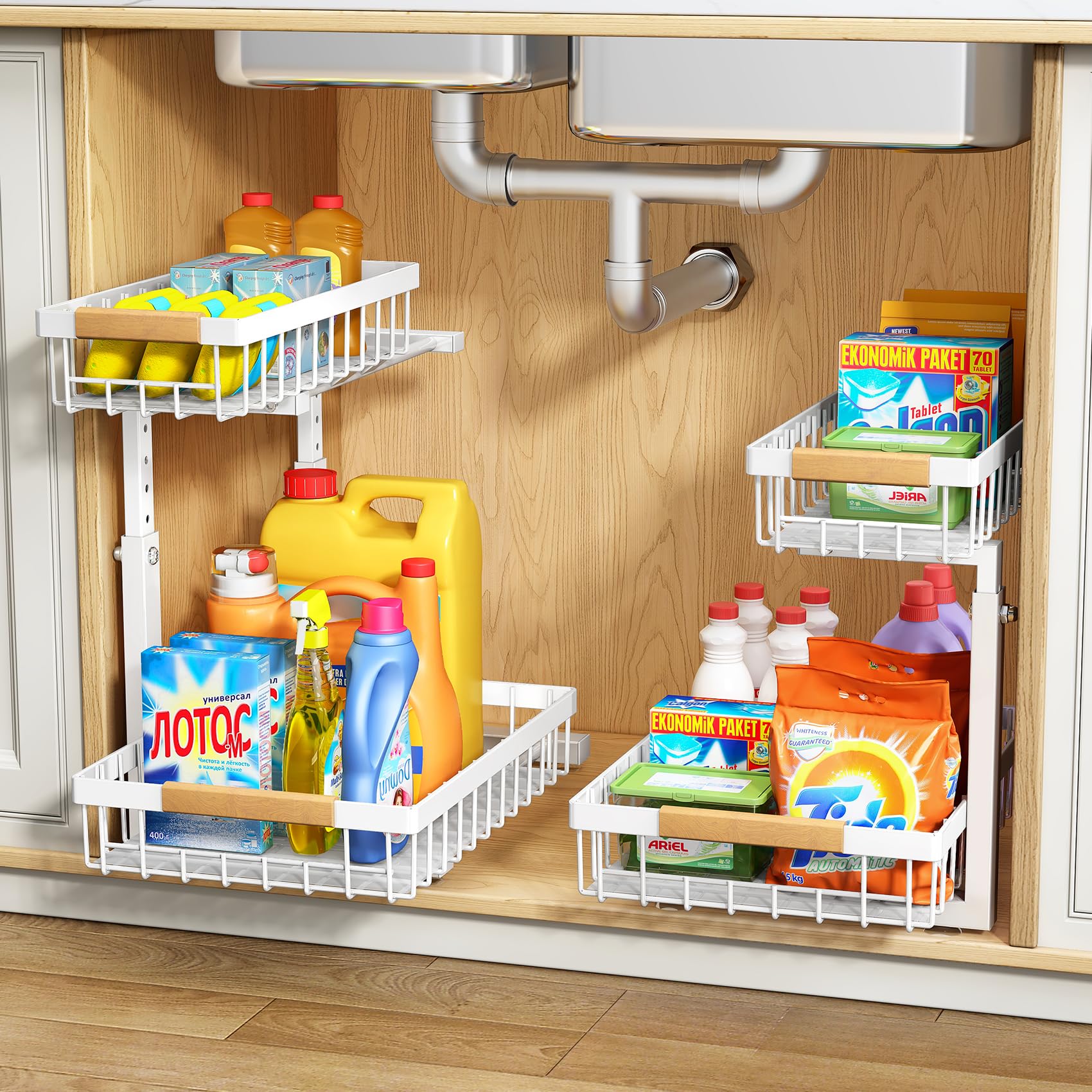 PXRACK 2 Pack Under Sink Organizer,Adjustable Height,2 Tier Pull Out Under Cabinet Organizer,Slide Out Thickened Metal Under Sink Storage for Kitchen Bathroom Laundry Cabinet Pantry,White