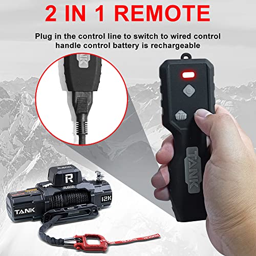 RUGCEL WINCH 12000lb New Waterproof Electric Synthetic Rope Winch 12V with Hawse Fairlead, 2 in 1 Wireless Remote,Black Rope,for Truck SUV