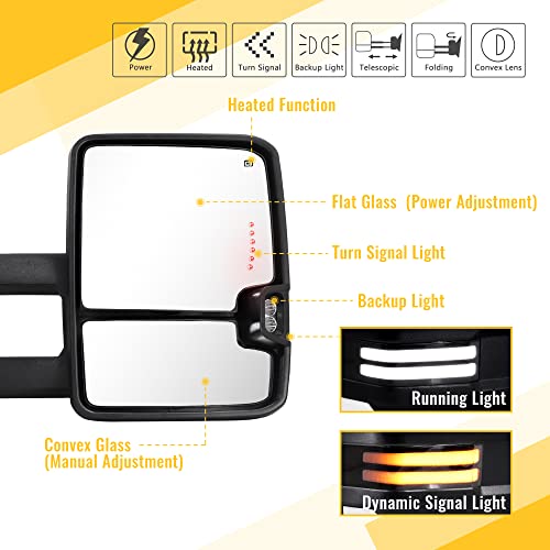 Sanooer Towing Mirrors Painted White Switchback Dynamic Turn Light Compatible with 2007-2013 Chevy Silverado Suburban Tahoe GMC Sierra Yukon with Running Lights Power Glass Backup Lamp Heated Set