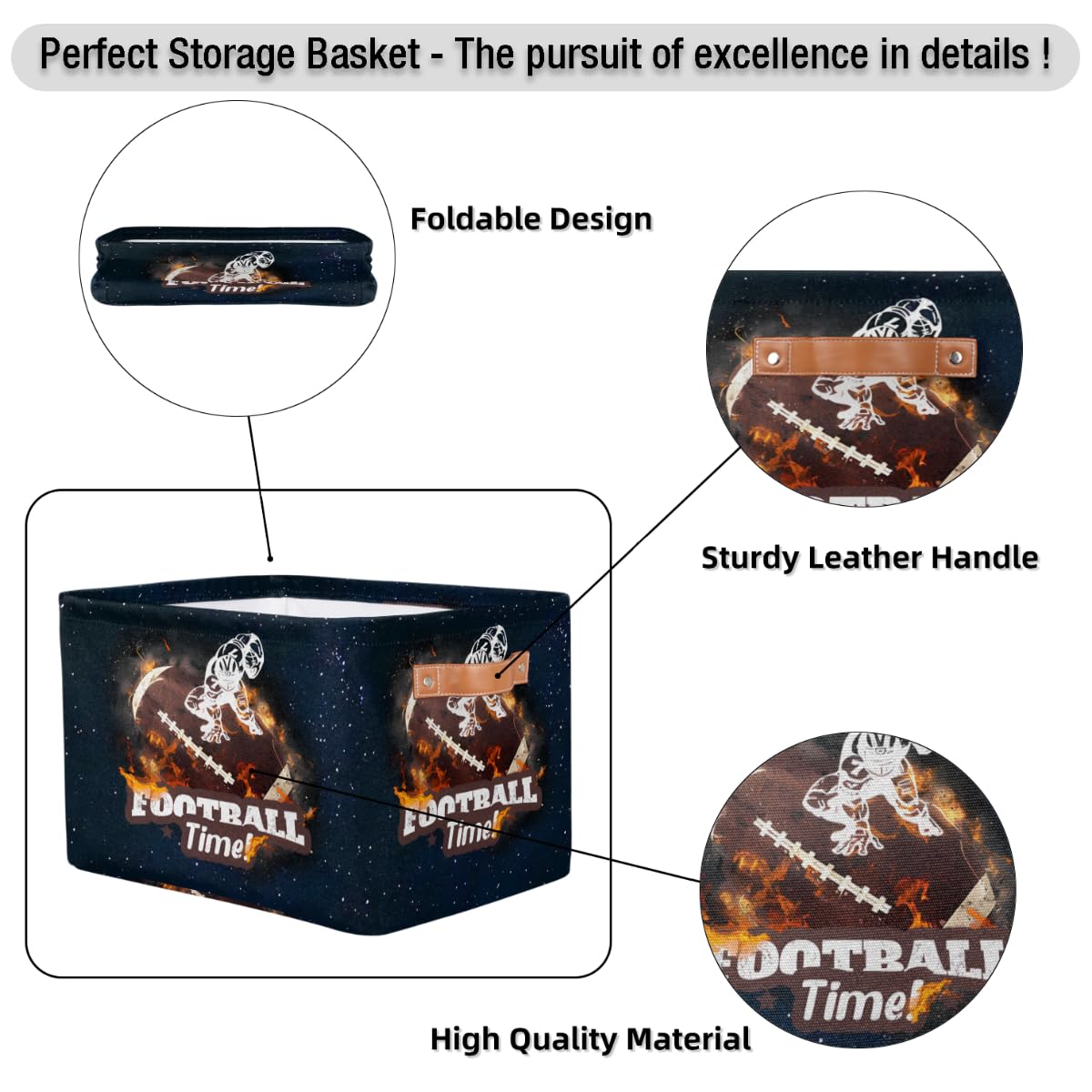 Storage Basket American Football Storage Bin Large Fabric Toys Storage Box with Handles Collapsible Closet Shelf Cloth Organizer Basket for Nursery Bedroom, 2 Packs
