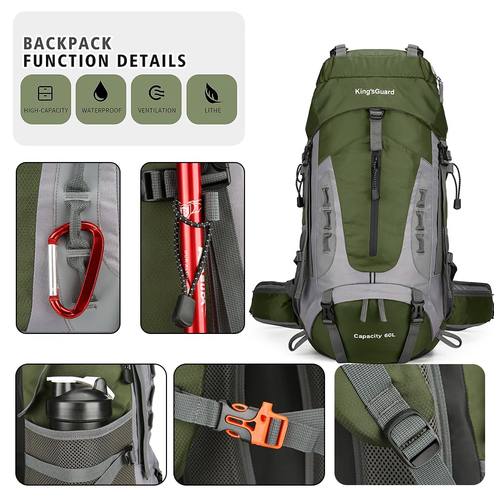 King'sGuard 60L Hiking Backpack Men Women Camping Backpack Waterproof Backpacking Mountaineering Climbing Daypack with Rain Cover (Army Green)