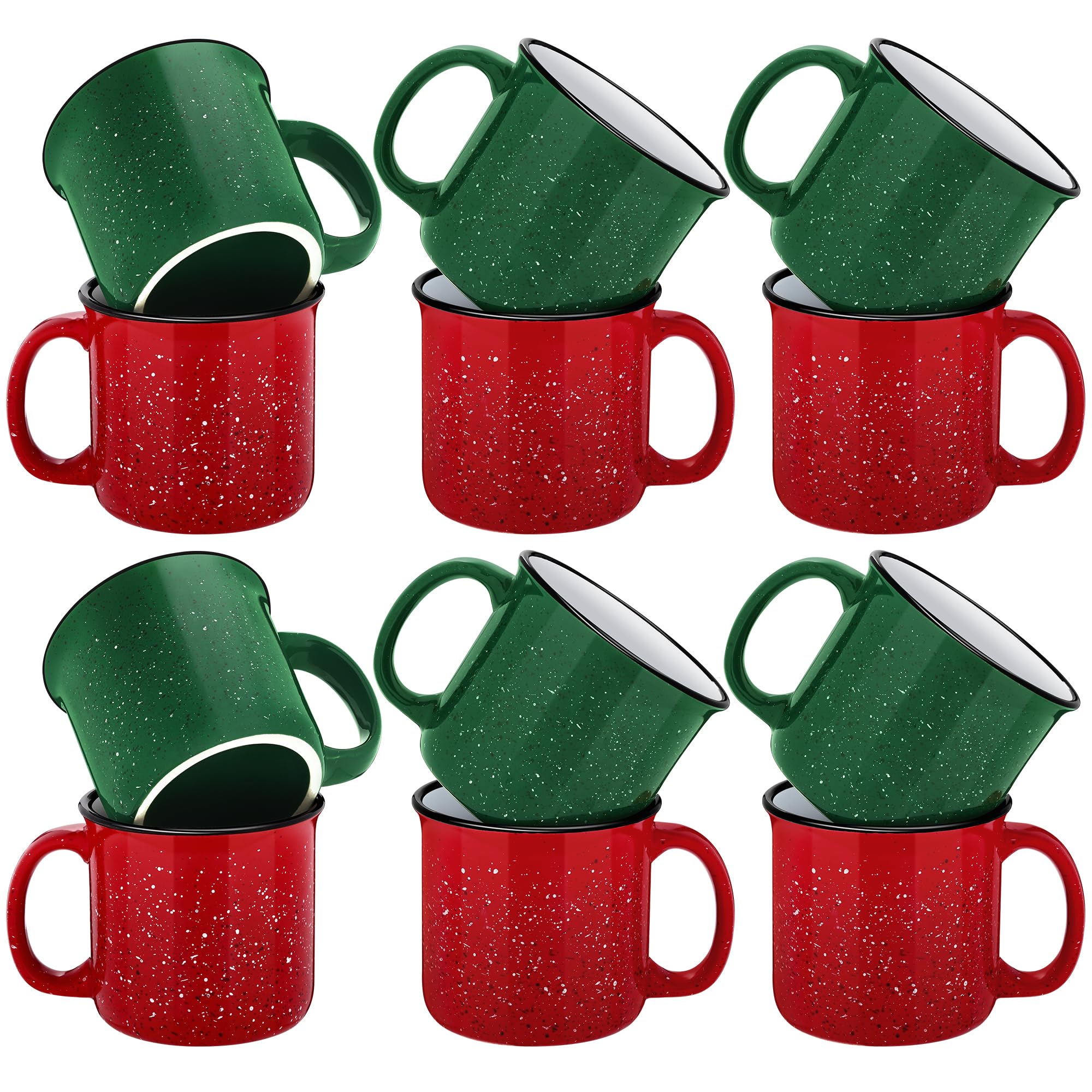 TURSTIN Set of 12 Ceramic Coffee Mugs 15 oz Speckled Christmas Red Green Campfire Camping Cups with Handle Stoneware Enamel Camping Mugs for Drinking, Coffee, Cocoa, Hot Chocolate Tea Campfire Gift
