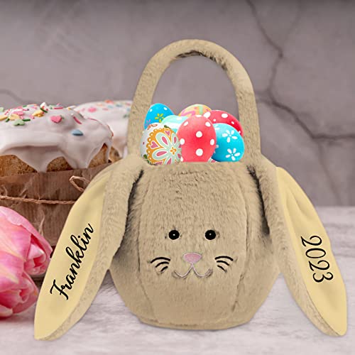 Personalized Bunny Easter Basket for Boys Girls Kids Custom Easter Baskets with Name Handle Plush Egg Hunt Bags Customized Buckets Easter Gifts