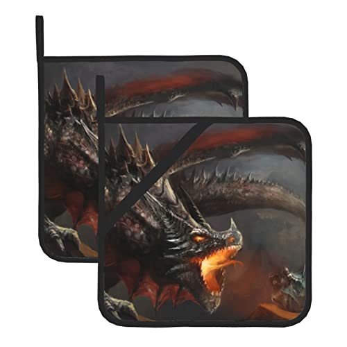 Knight Fighting Dragon Kitchen Pot Holders Hot Pad, Potholders Hot Pads for Kitchen,Washable Pot Holder Oven Mitts,Heat Resistant Hot Pad Kitchen Decor Accessories for Cooking and Baking(2 Sets