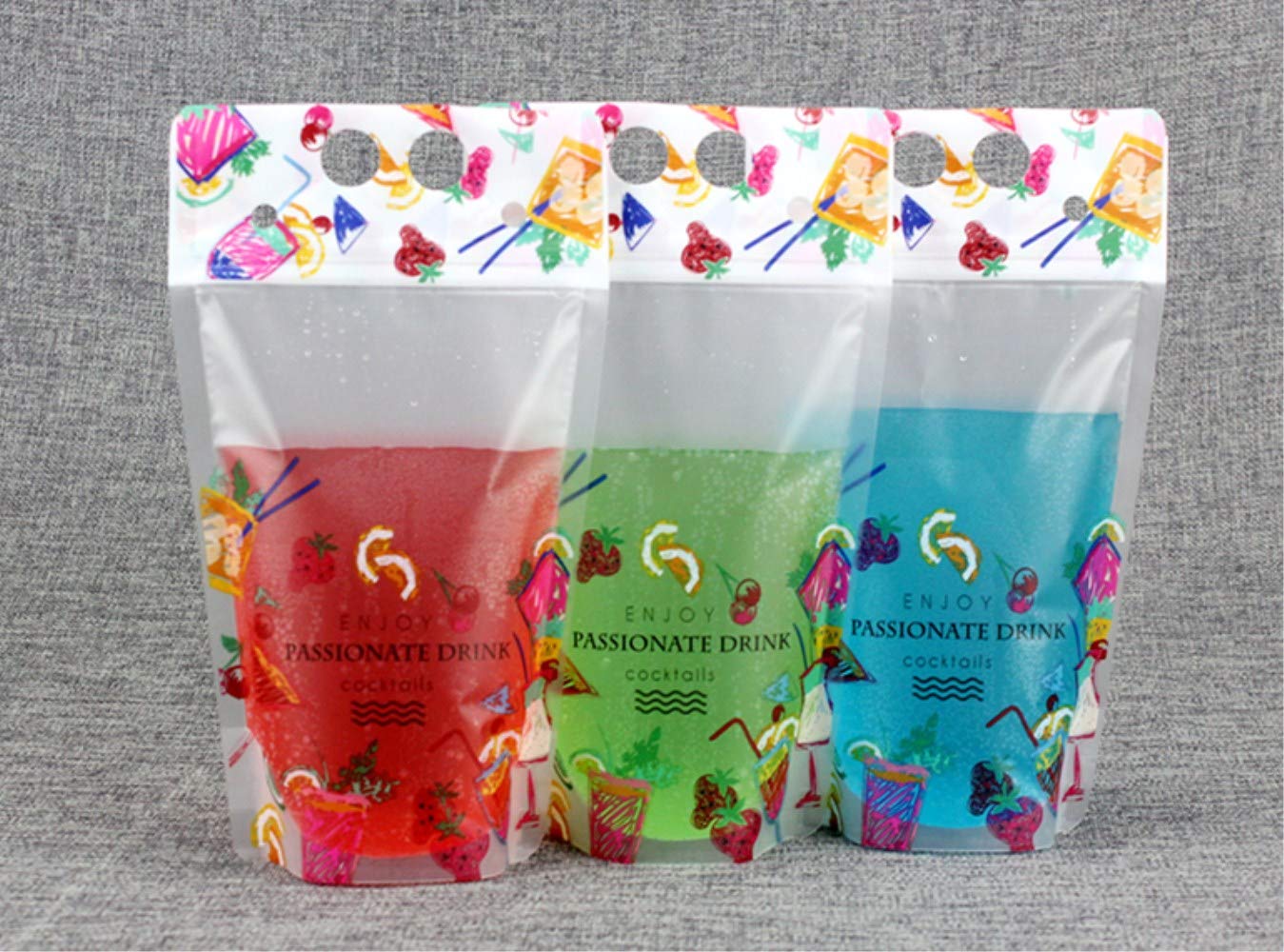 LASLU Zipper Clear Stand-Up Pouches Bags with Plastic Straw,8mil Heavy Duty Hand-held Drinking Bags 1.5" Bottom Gusset, 100 Pack (400ml, Fruits)