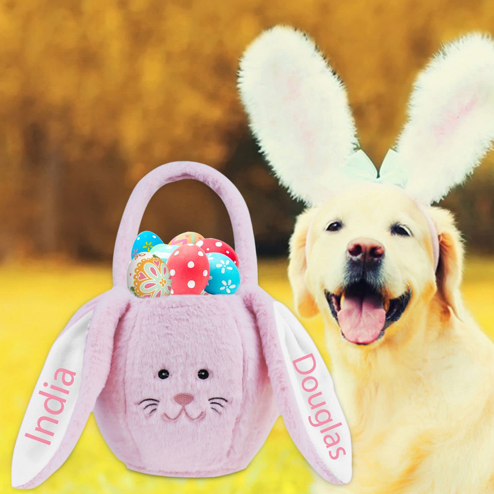 Personalized Buny Easter Baskets Custom Easter Basket with Name Empty Bags Customized Plush Egg Tote Gift-Grey