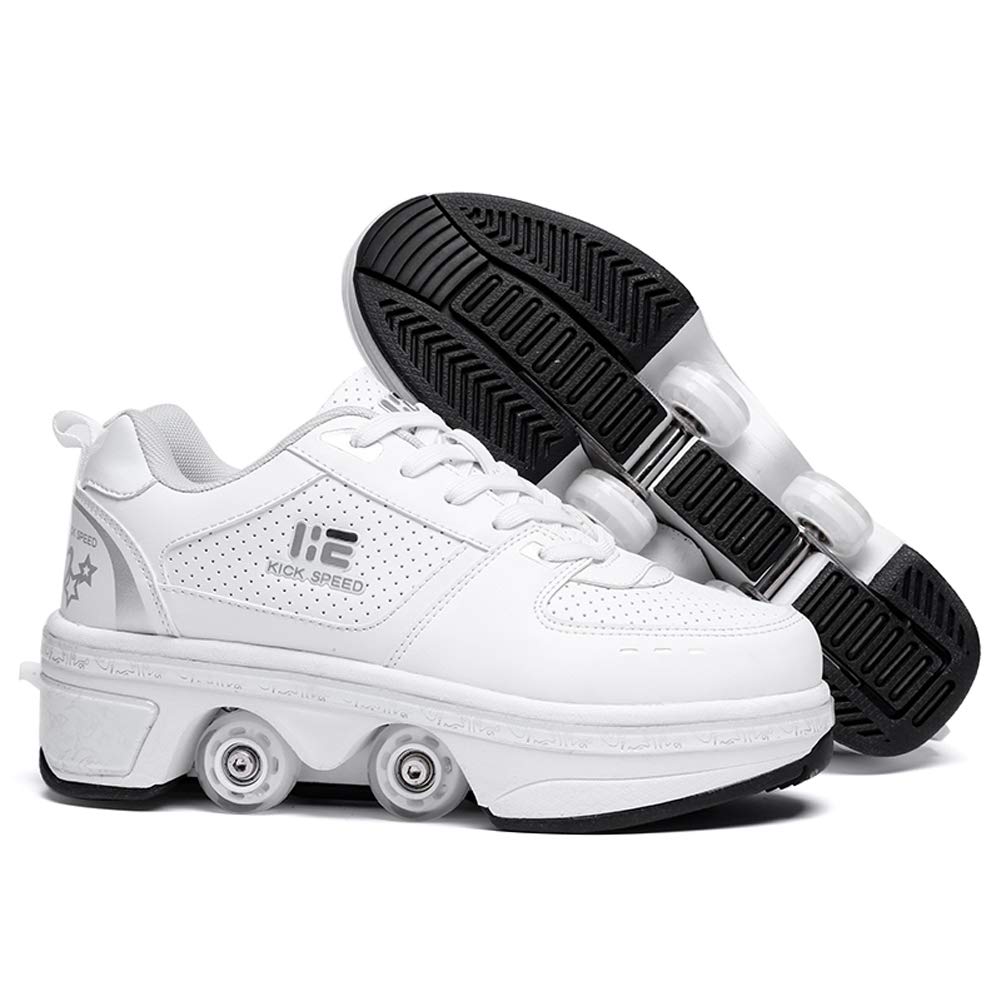 KOFUBOKE 2-in-1 Roller Skates & Sneakers Unisex Retractable Wheels Outdoor Fun & Fitness Kick Roller Shoes (White Without Light, 8)