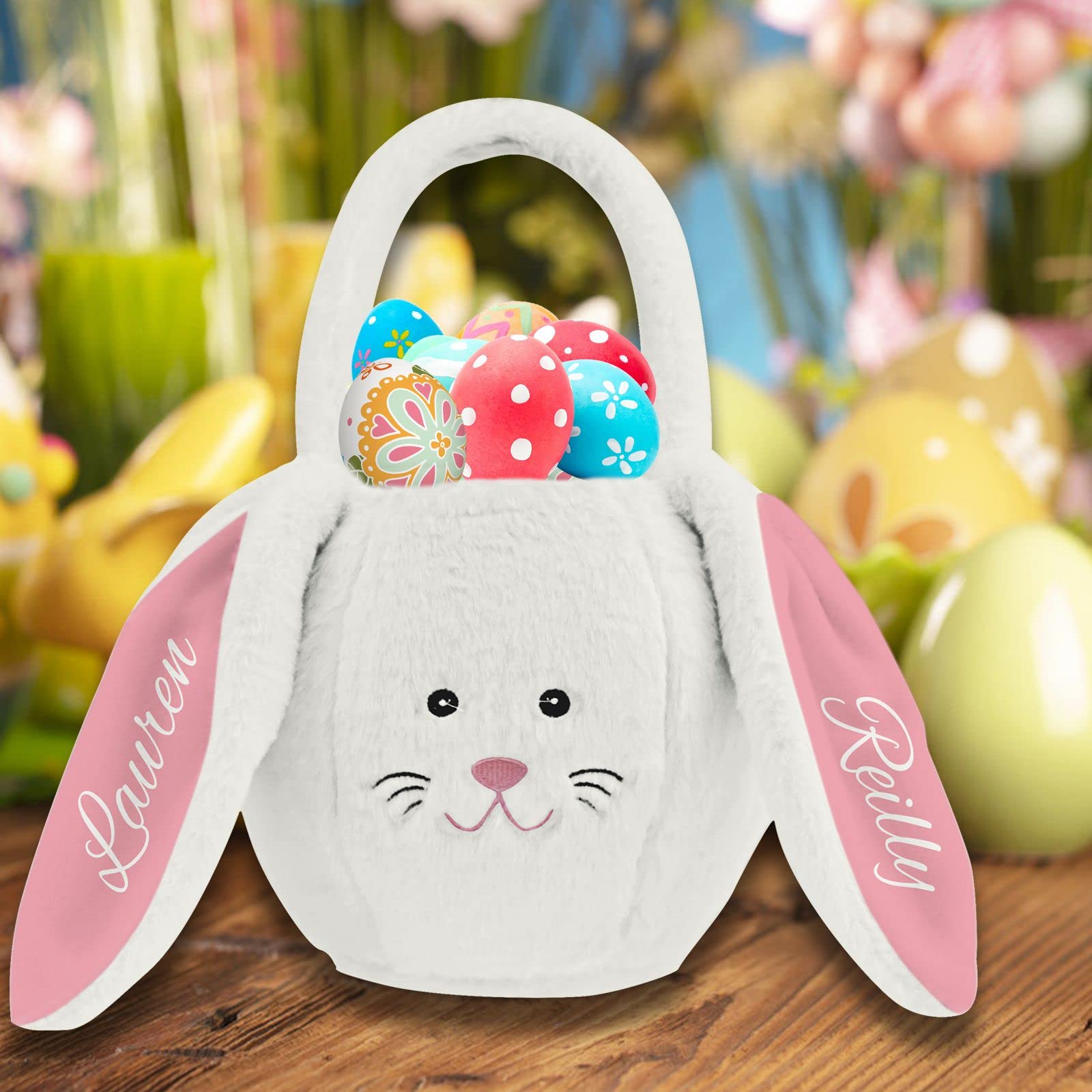Personalized Buny Easter Baskets Custom Easter Basket with Name Empty Bags Customized Plush Egg Tote Gift-Grey