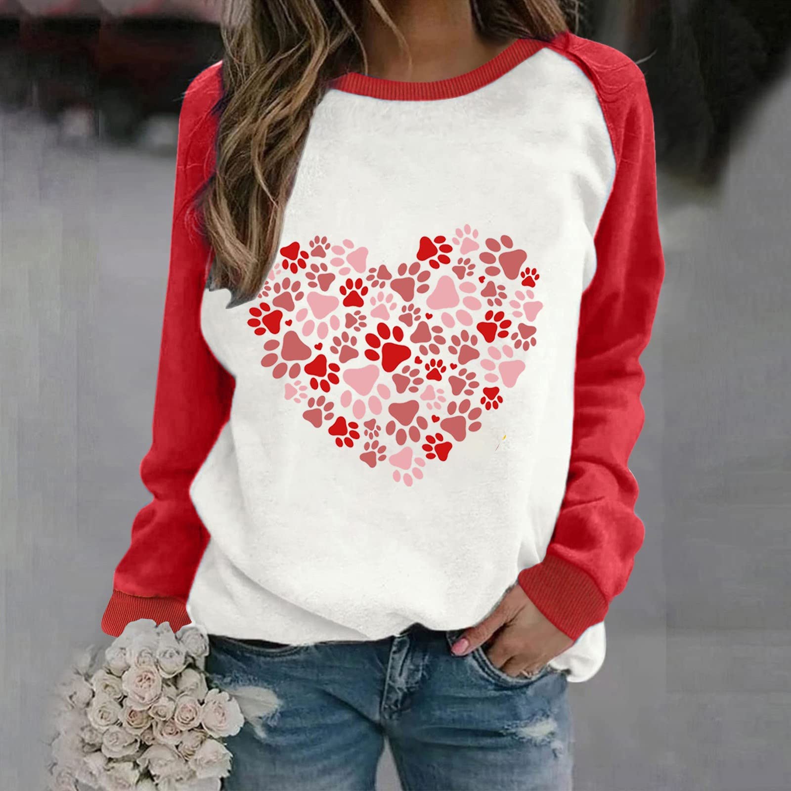 lnmuld Valentines Day Womens Casual Long Sleeve Crew Neck Letter Printed Pullover Hoodless Sweatshirts Distressed Tees Women Red